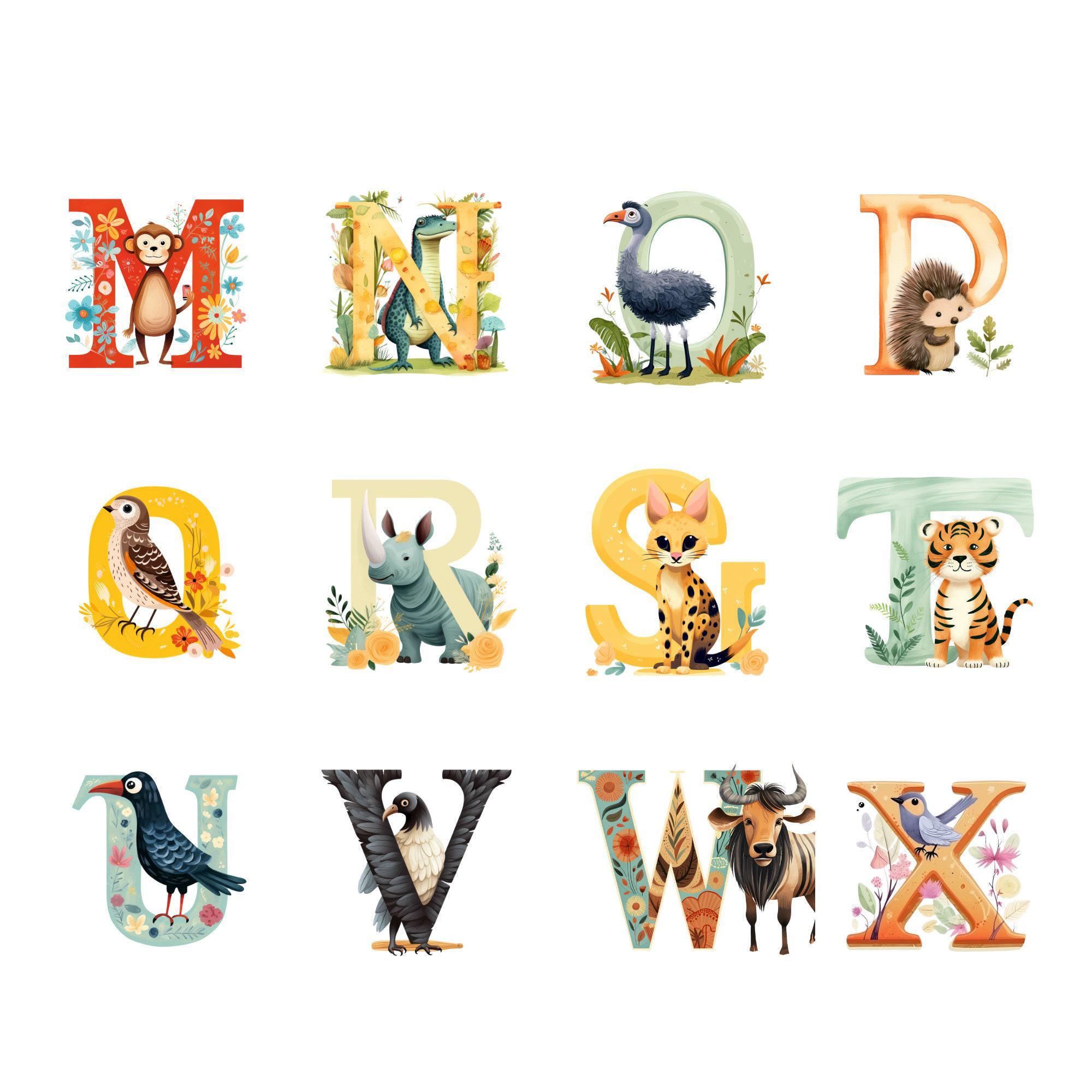 Safari Alphabet Clipart Bundle, Watercolor Jungle Animal Letters A–Z ...