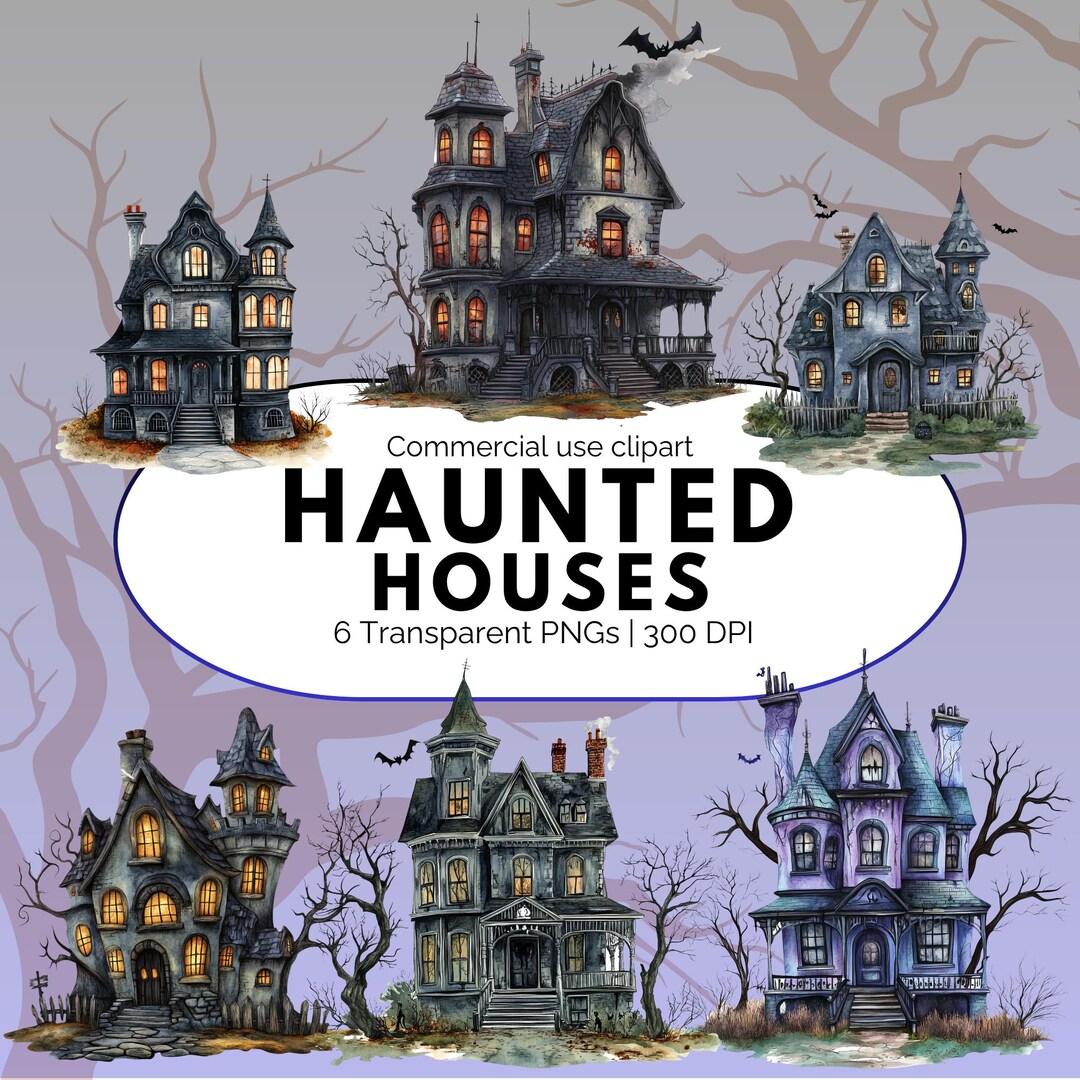 Watercolor Haunted House Clipart: Spooky Halloween Graphics (PNG ...