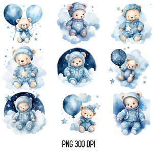 Blue Sleeping Teddy Bear Clipart Baby Shower Clipart Boho Teddy Bear ...