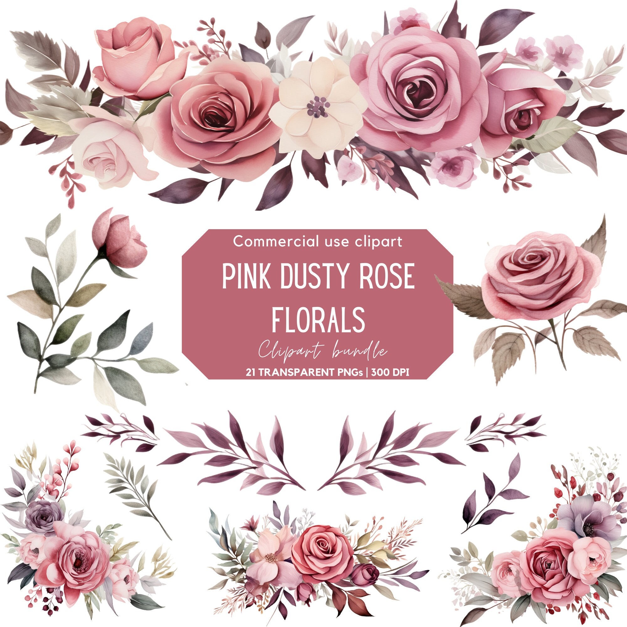 Pink Dusty Rose Clipart Pink Rose Clipart Watercolor Flowers Wedding ...