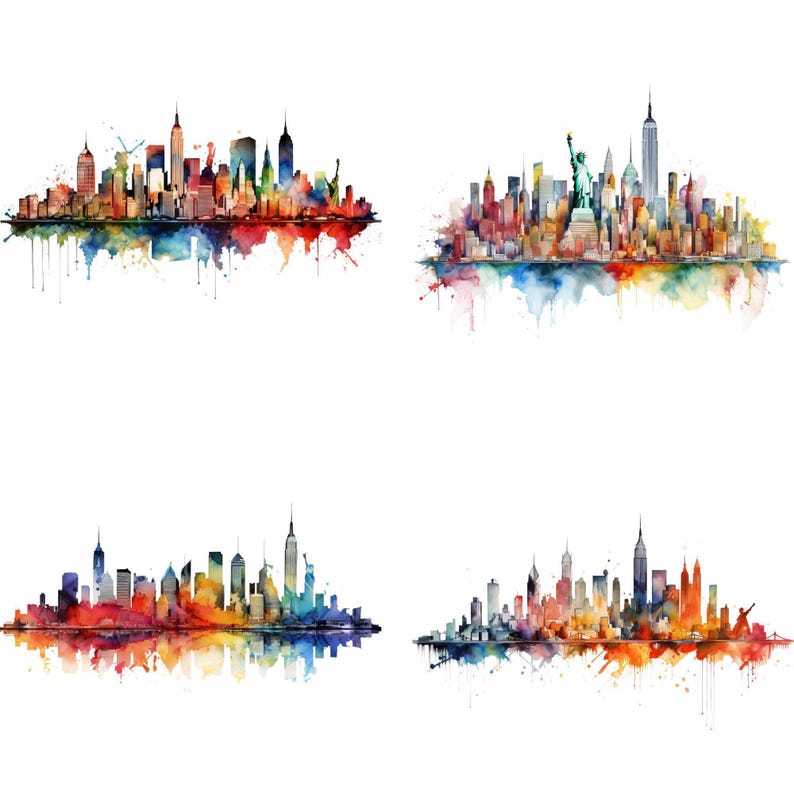 Watercolor New York City Skyline Clipart: Statue of Liberty (digital ...