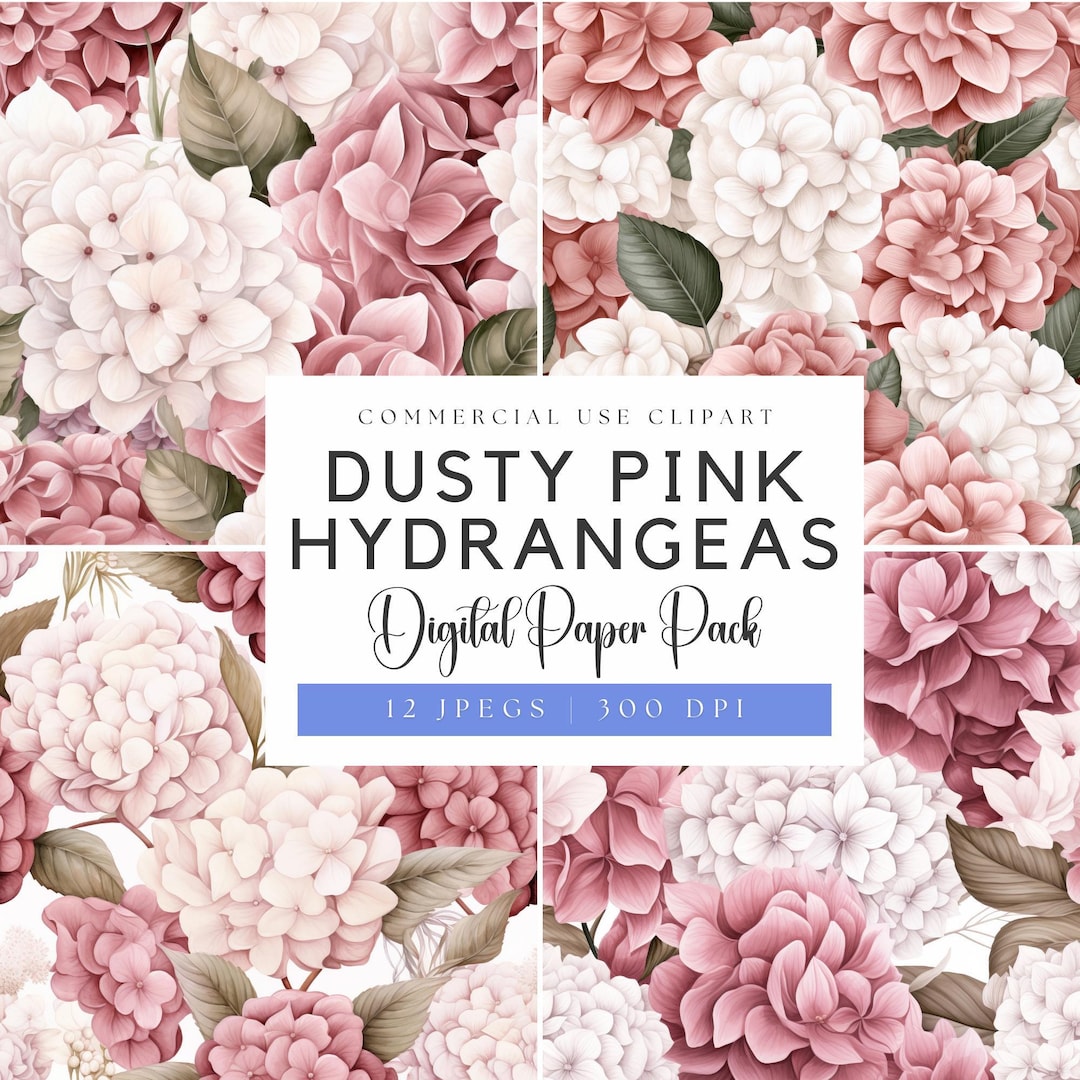 Watercolor Dusty Pink Hydrangea and Rose Floral Digital Papers | Blush ...