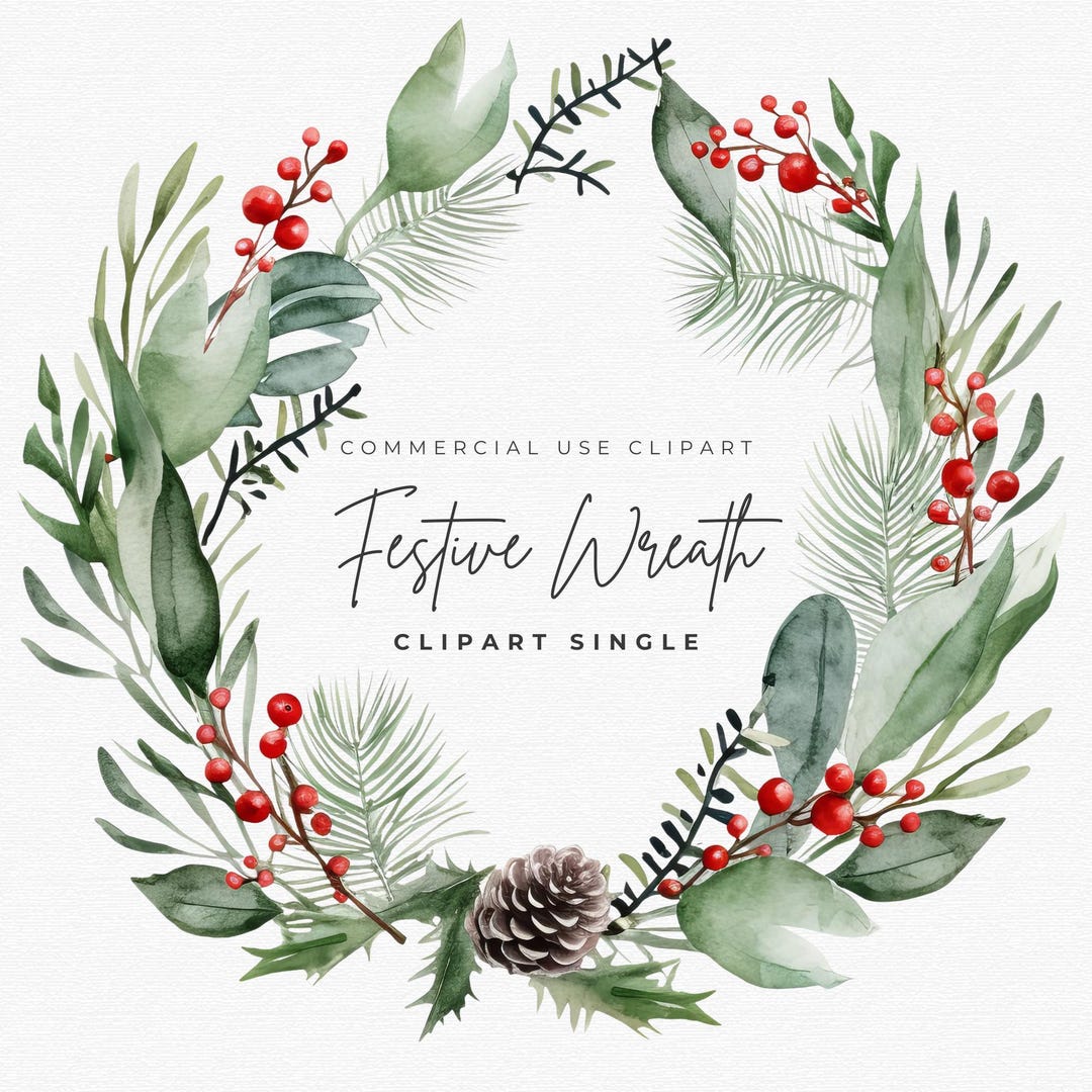 Watercolor Christmas Wreath Clipart: Festive Floral Design (PNG Digital ...