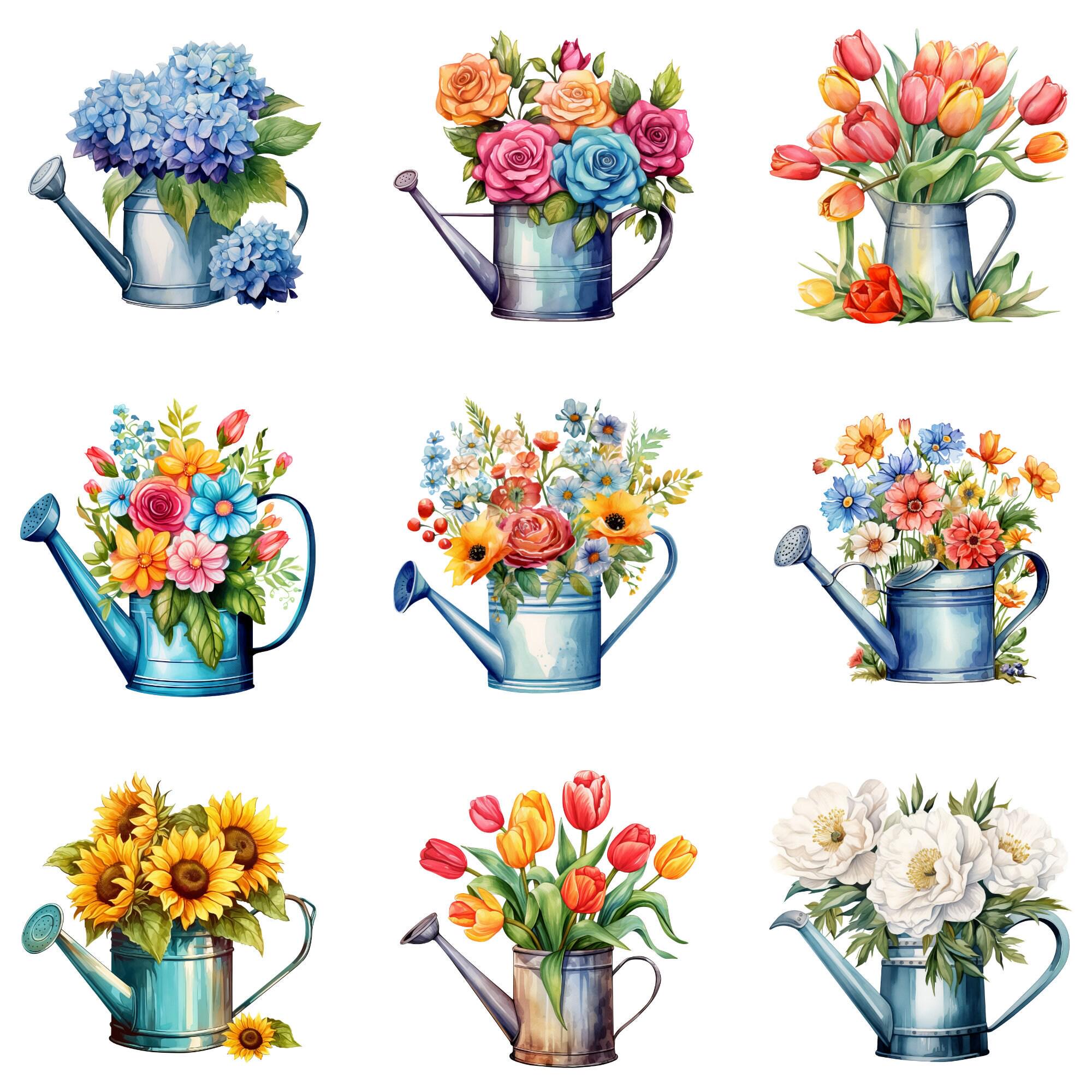 Watercolor Floral Watering Can Clipart: Spring Garden PNG (digital ...