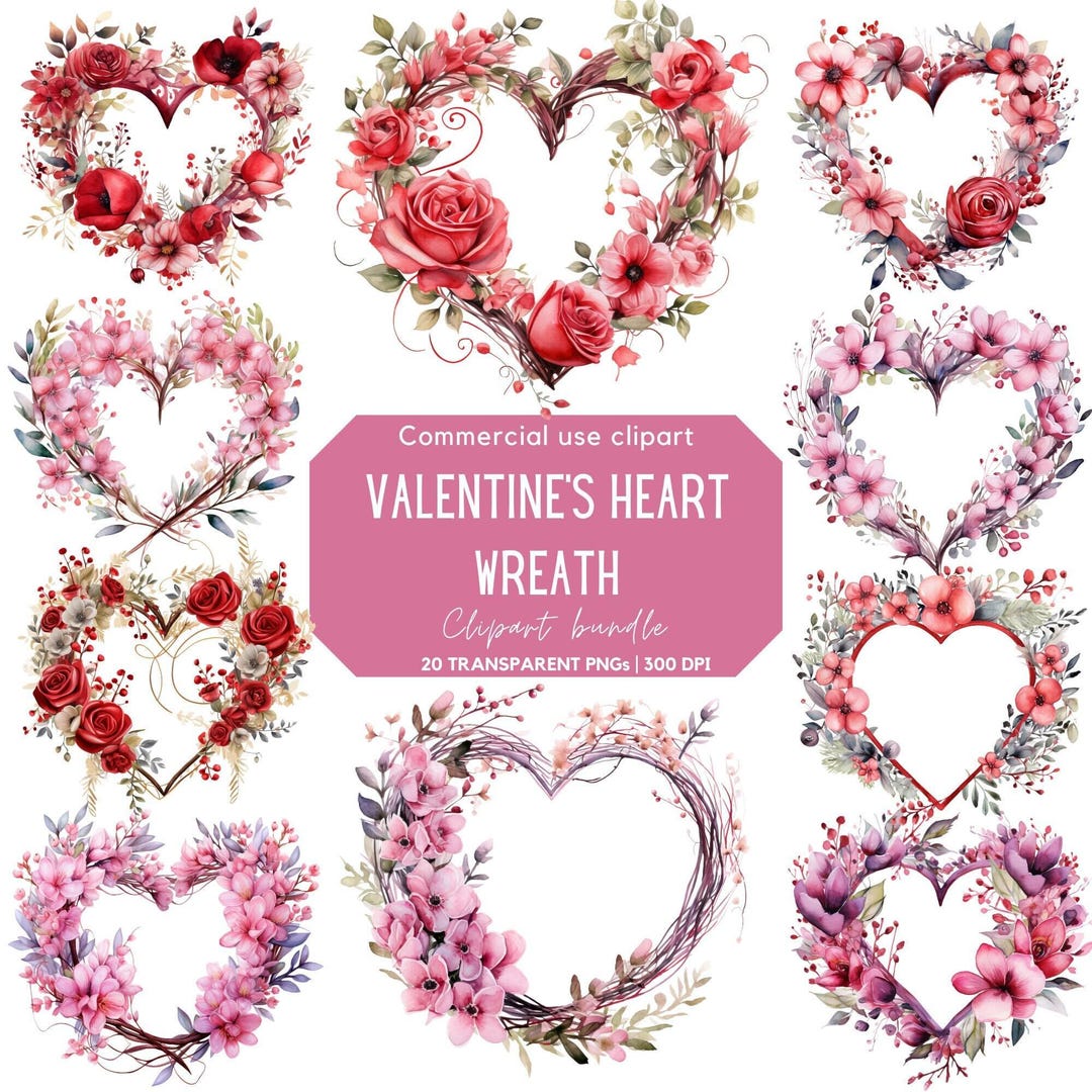 Watercolor Heart Wreath Clipart: Valentine's Floral PNG (digital ...