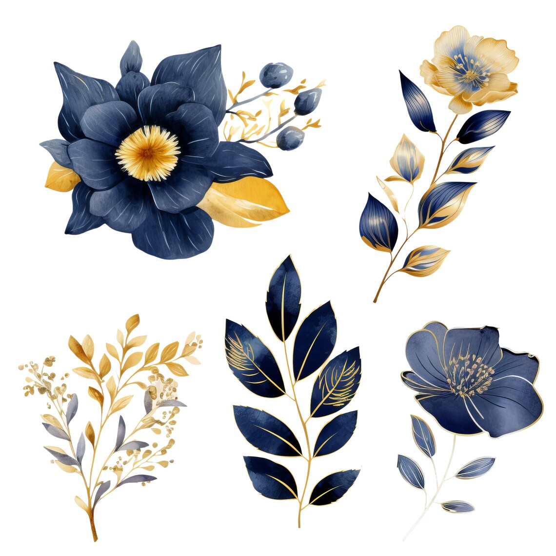 Navy and Gold Floral Clipart Navy Blue Flower Navy Blue Gold Roses ...