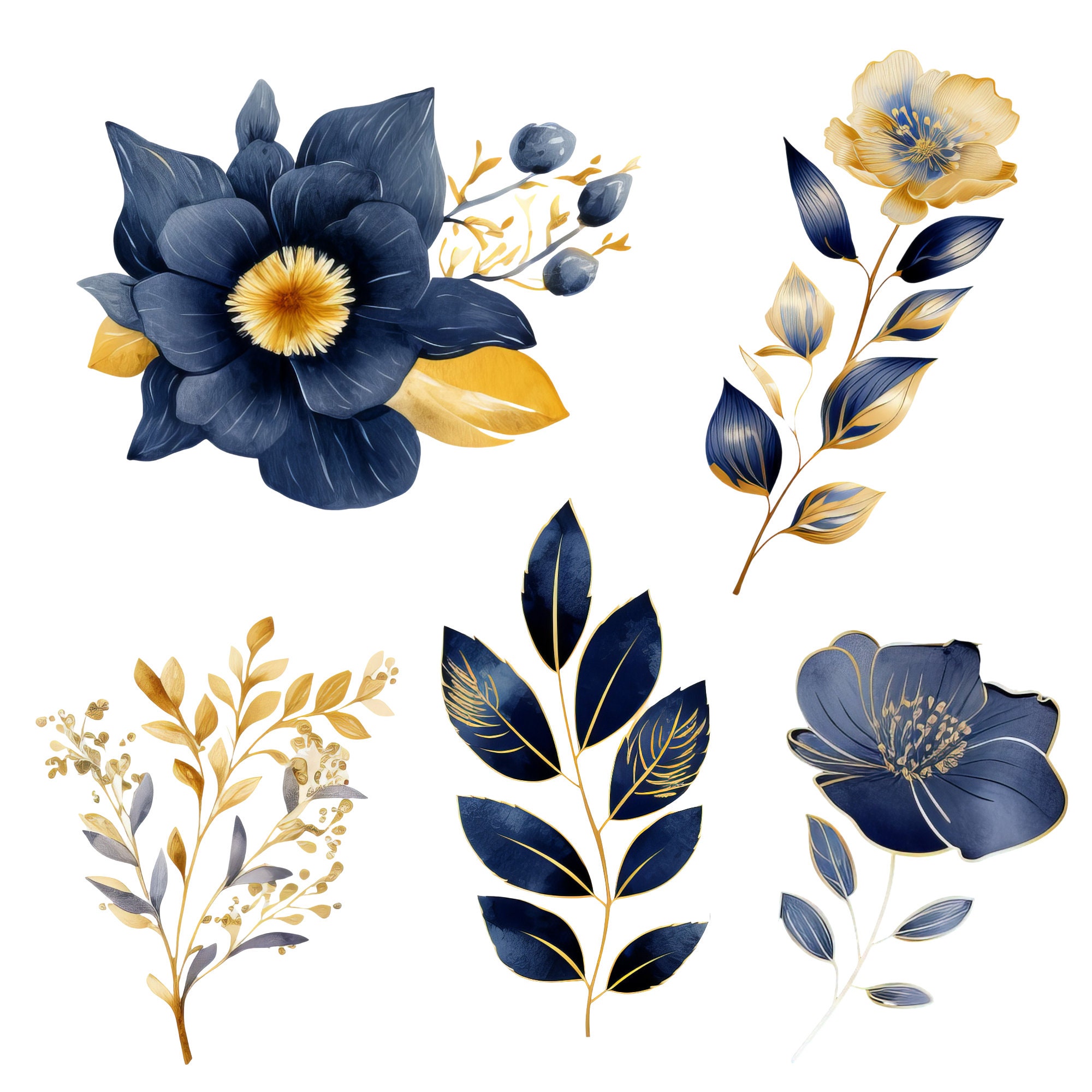 Navy and Gold Floral Clipart Navy Blue Flower Navy Blue Gold Roses ...