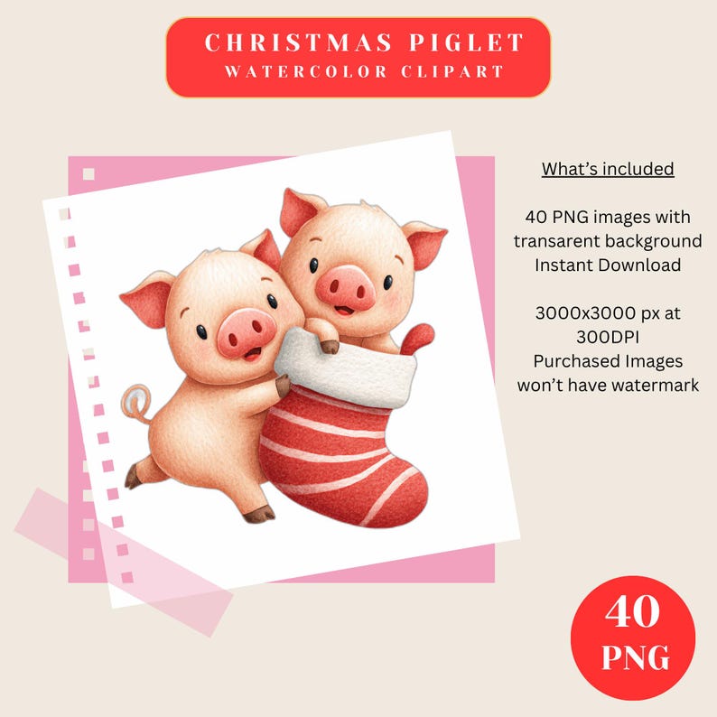 Christmas Piglet Watercolor Clipart: Festive Animal Pngs (digital ...