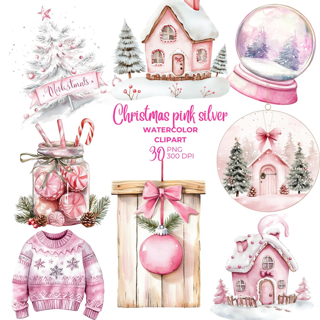 Watercolor Pink and Silver Christmas Clipart | Winter Holiday PNG Clip ...