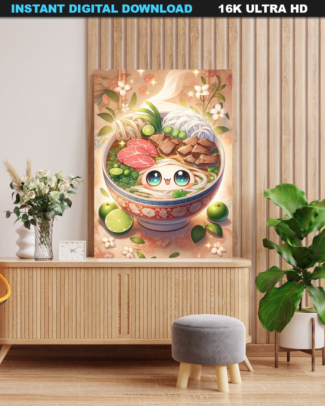 Kawaii Noodle Bowl Art | Cute Ramen Digital Print | Anime Food ...