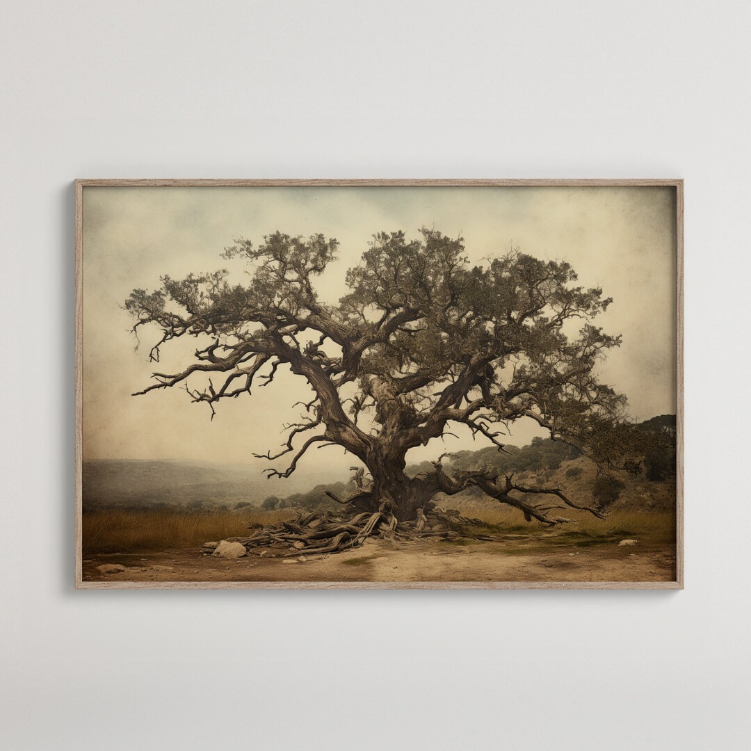 Rustic Oak Tree Art Print | Antique-style Fall Landscape | Vintage ...