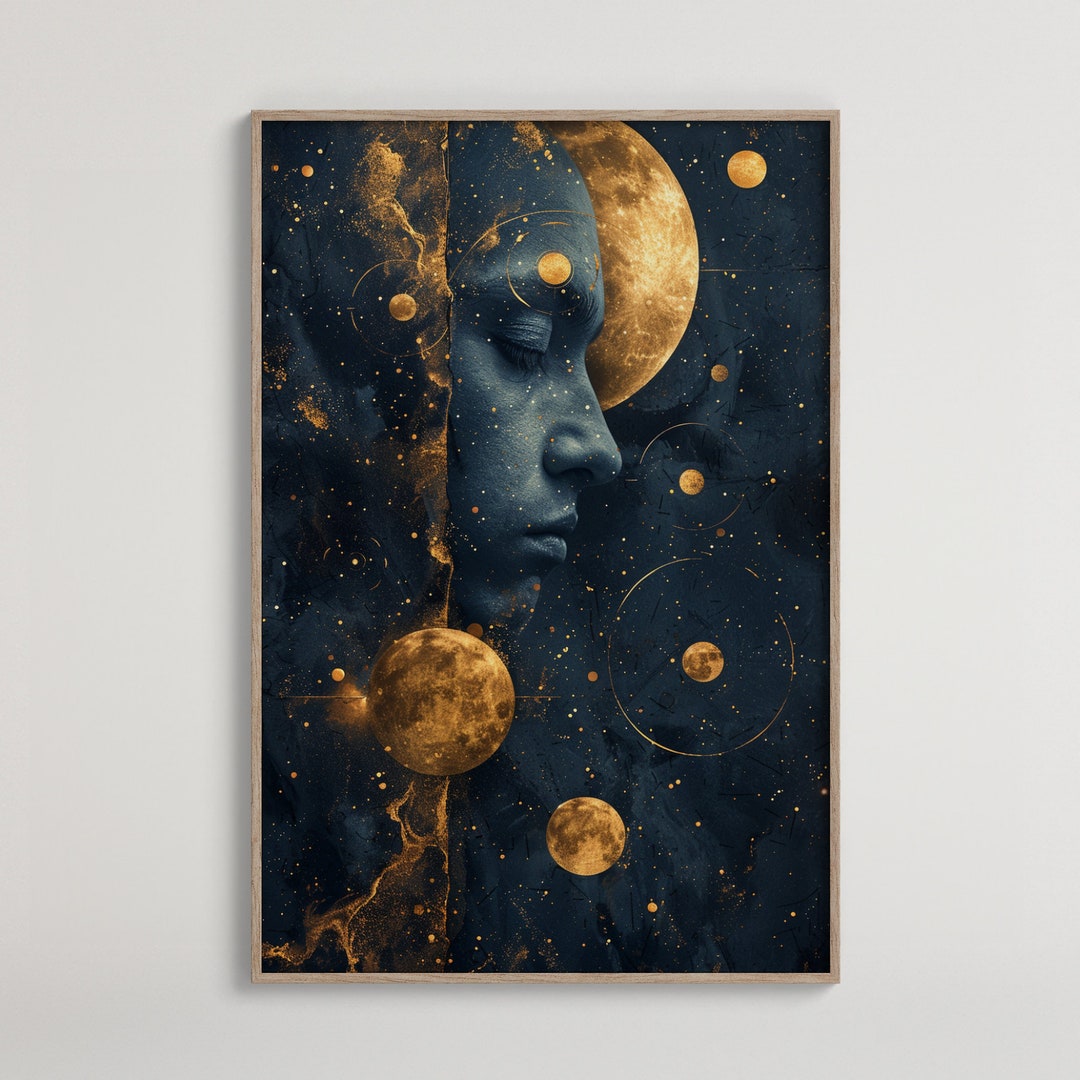 Cosmic Muse Digital Portrait | Starry Night and Golden Planets | Celestial Woman Art Print ...