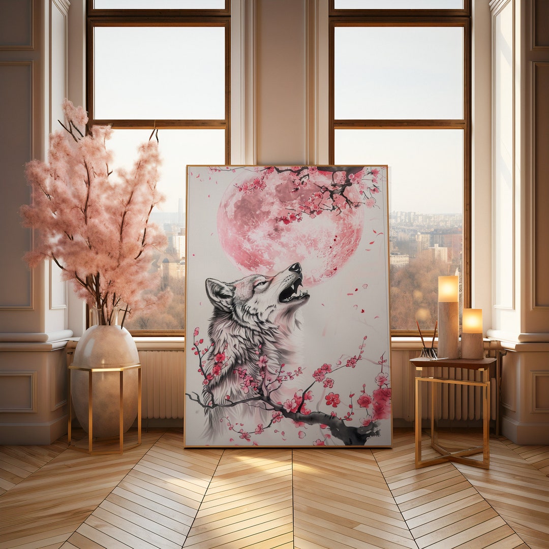 Moonlit Sakura Wolf Art Print | Cherry Blossom and Full Moon | Mystical ...