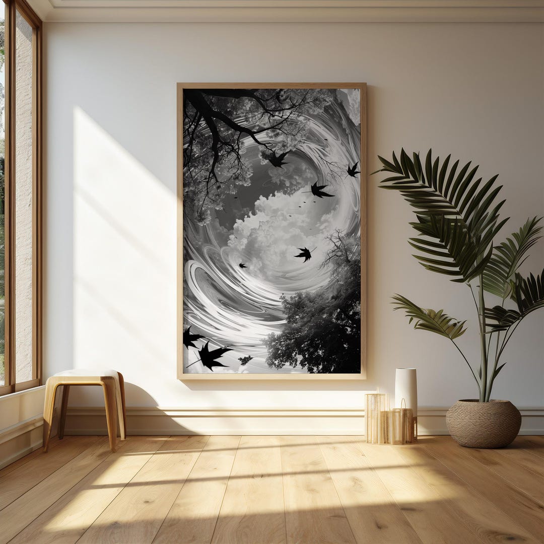 Abstract Sky Vortex Digital Art Monochromatic Swirl Trees and Birds ...