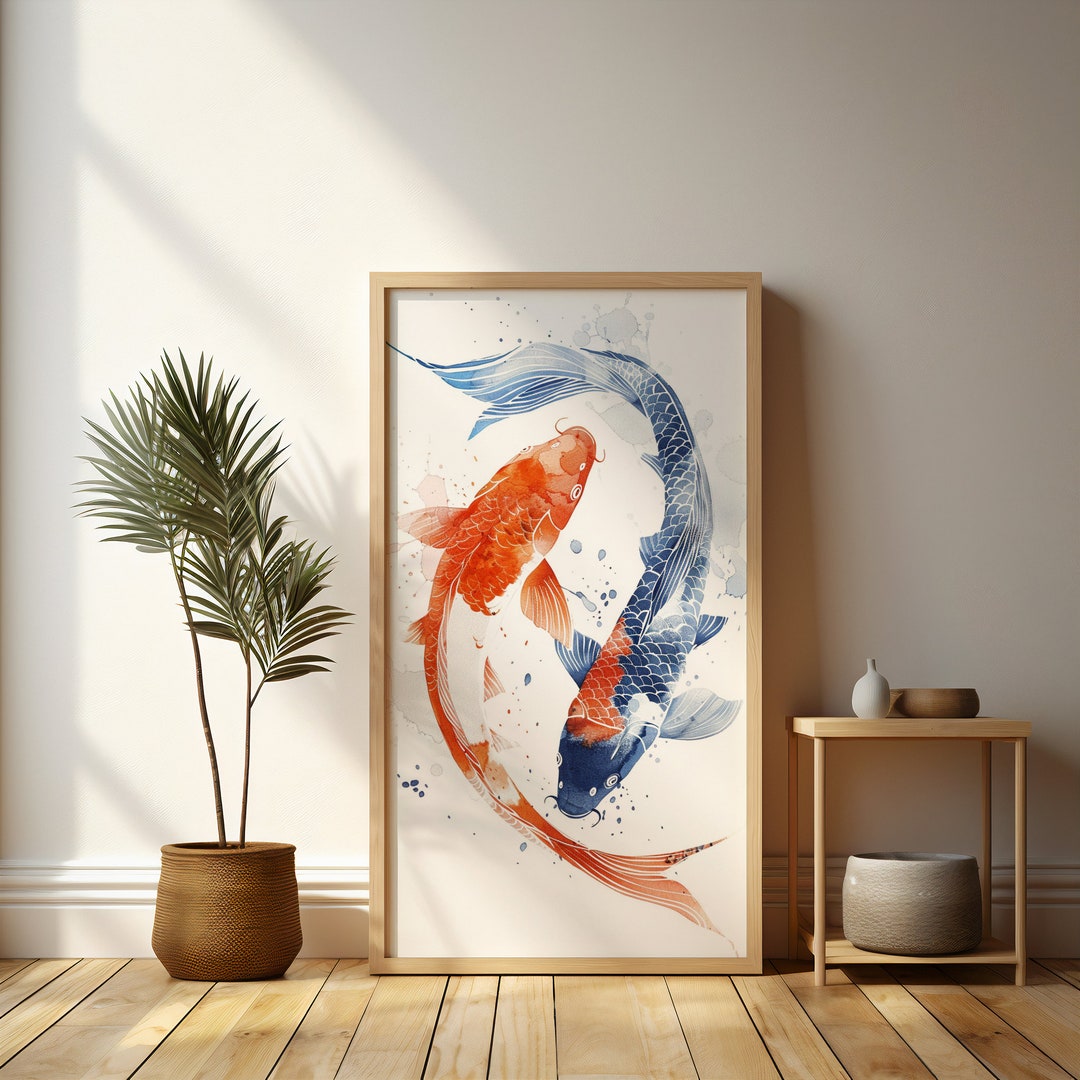Yin Yang Koi Fish Digital Print | Artistic Aquatic Harmony | Blue and ...