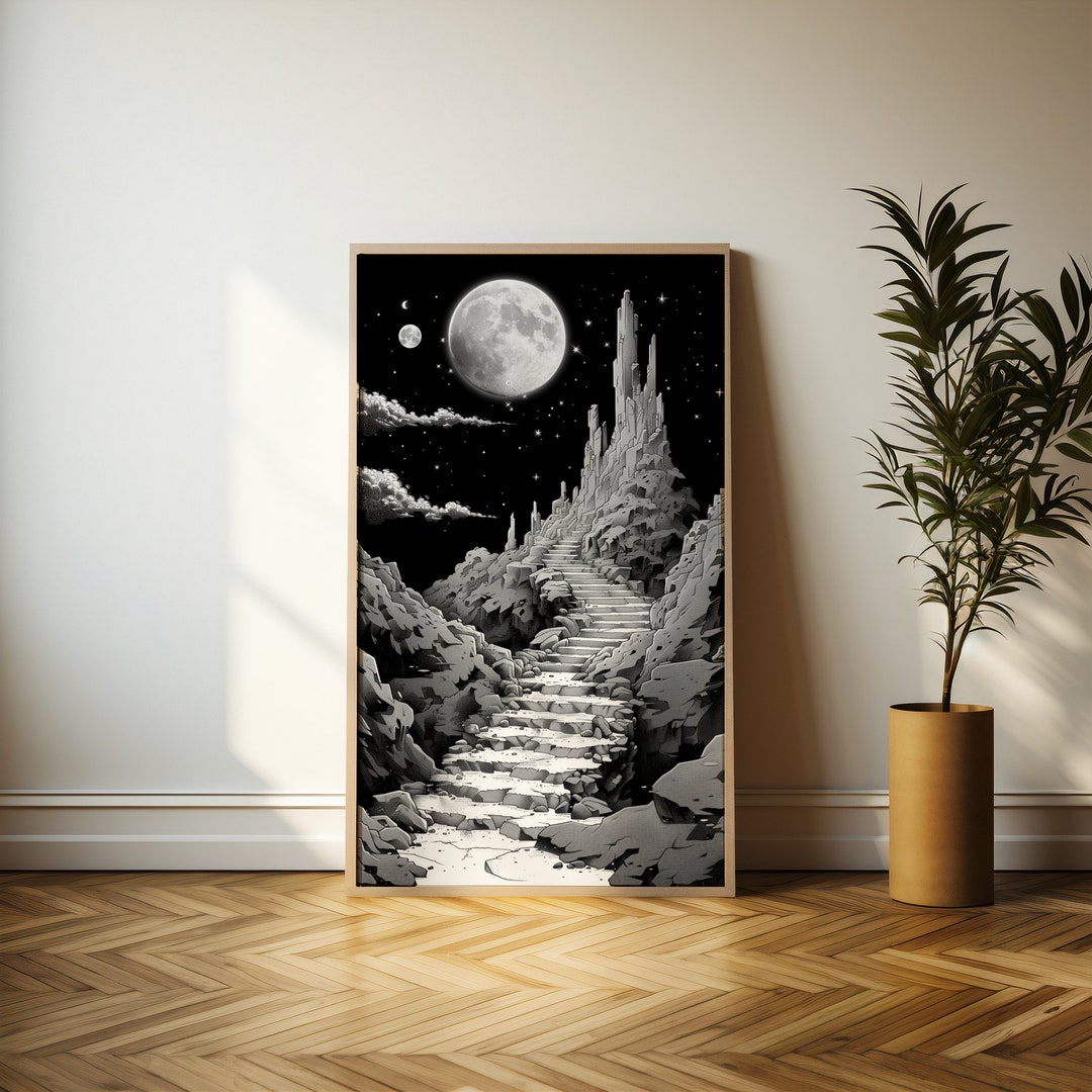 Mystical Night Castle Art | Twin Moons Staircase Landscape ...