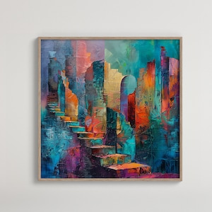 Abstract Cityscape Digital Print | Lively Urban Artwork | Colorful ...