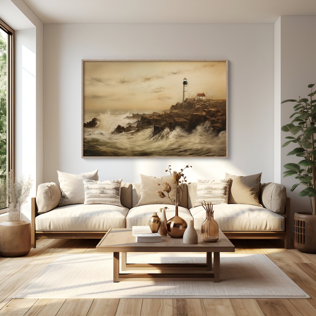 Rustic Lighthouse Seascape Art | Autumn Coastal Storm | Vintage ...