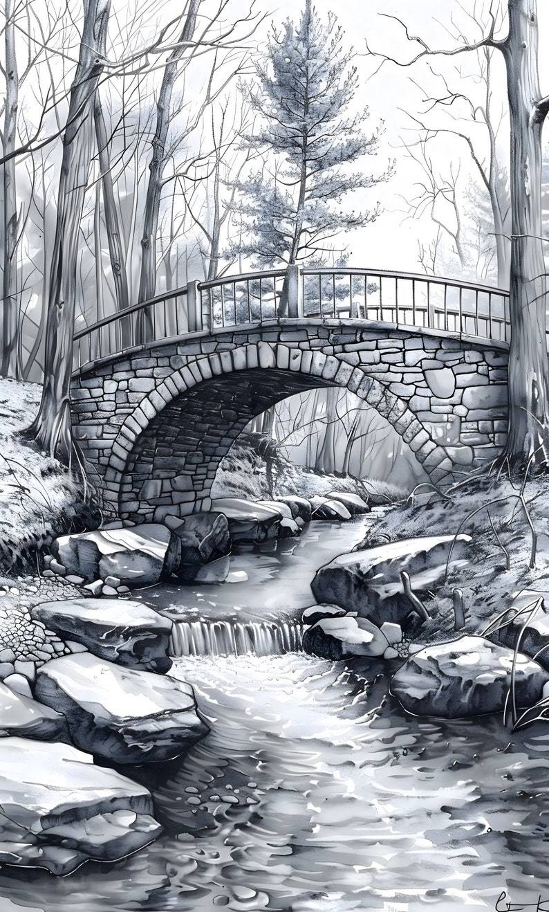 Monochrome Forest Bridge Art | Tranquil Stream Pencil Drawing | Nature ...