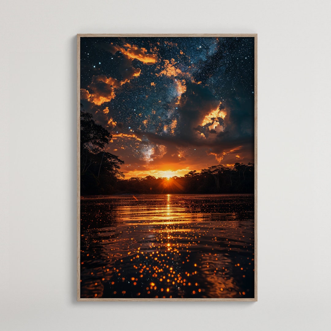 Cosmic Sunset Digital Art | Starry Night Over Water | Tranquil Scene ...
