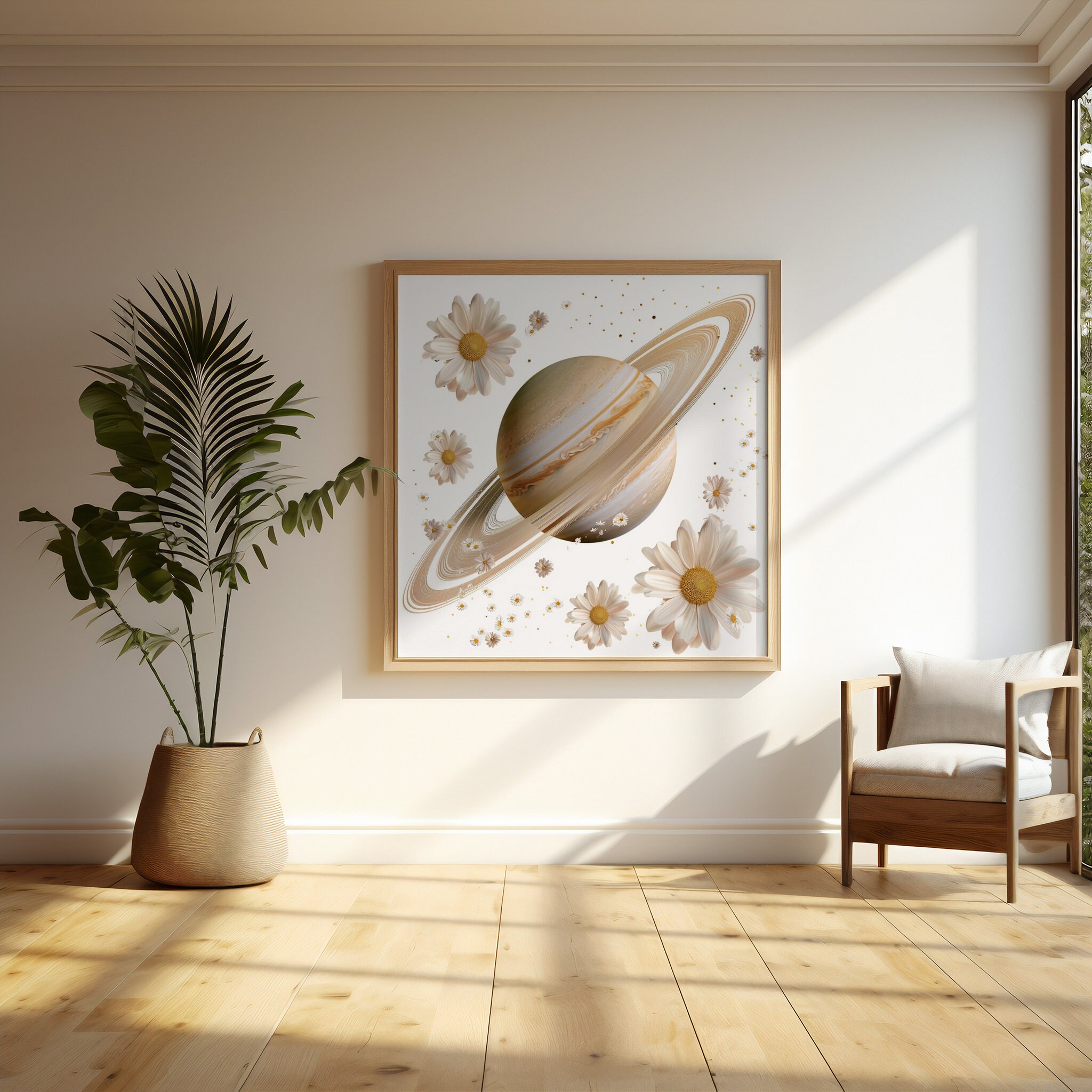 Daisy Galaxy Art Print | Space Planet With Floral Rings | Digital Wall ...