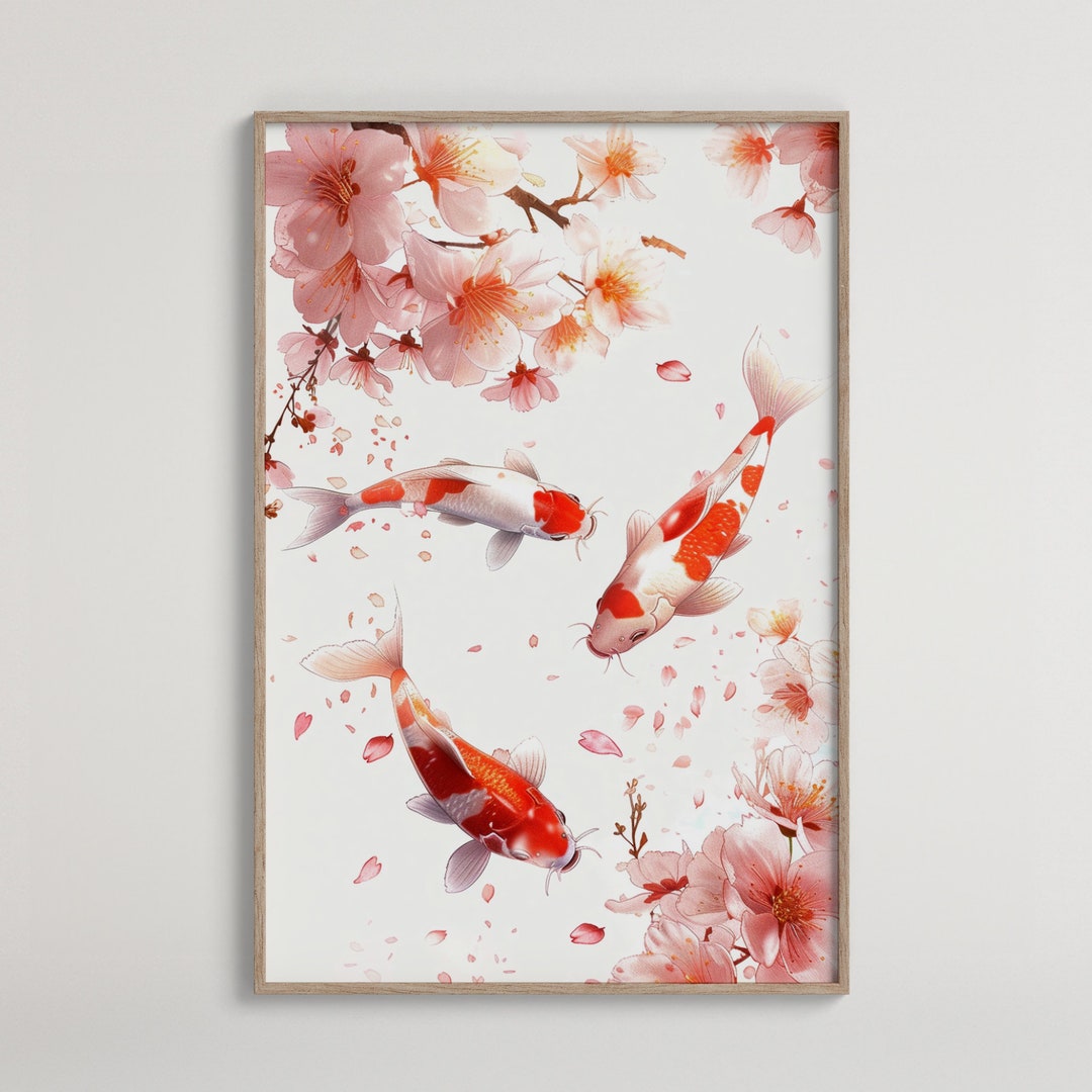 Koi Fish and Sakura Blossoms Art| Tranquil Pond Scene Digital Print ...