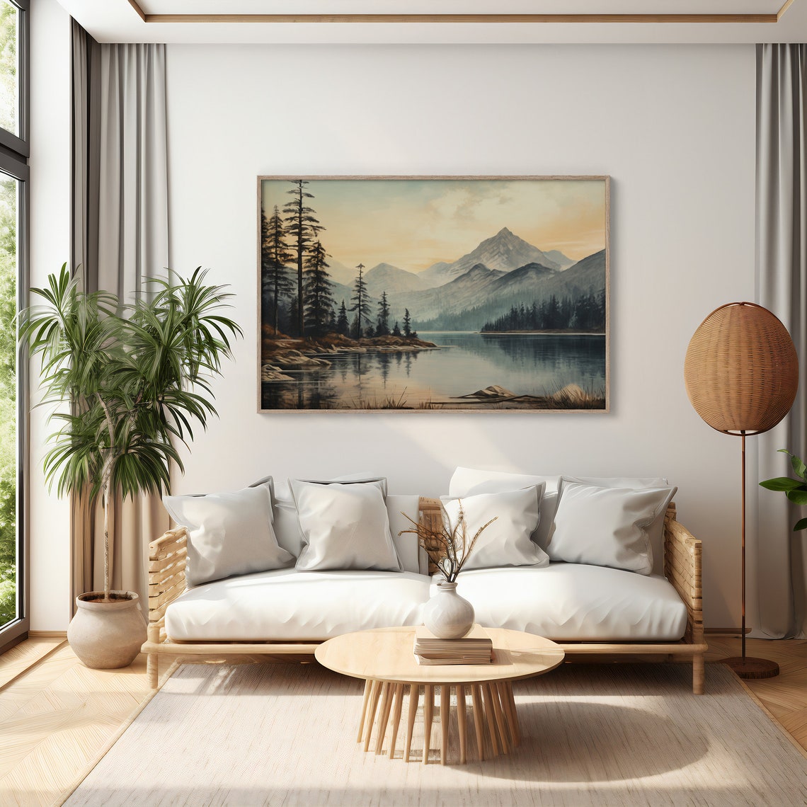 Rustic Autumn Lake Scene Art | Vintage Mountain Landscape Print ...