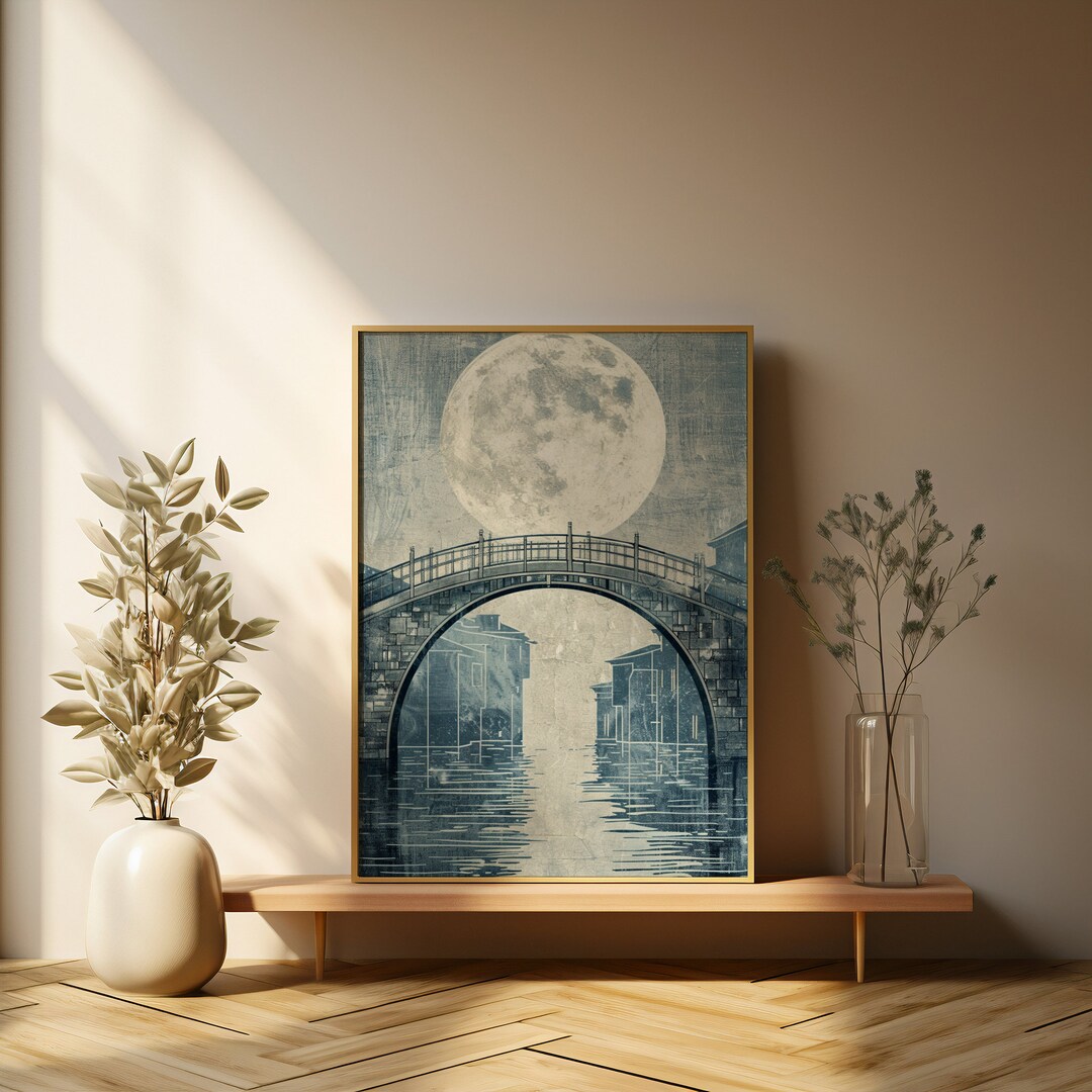 Moonlit Bridge Scenery Art | Vintage-inspired Moonlight Reflection ...