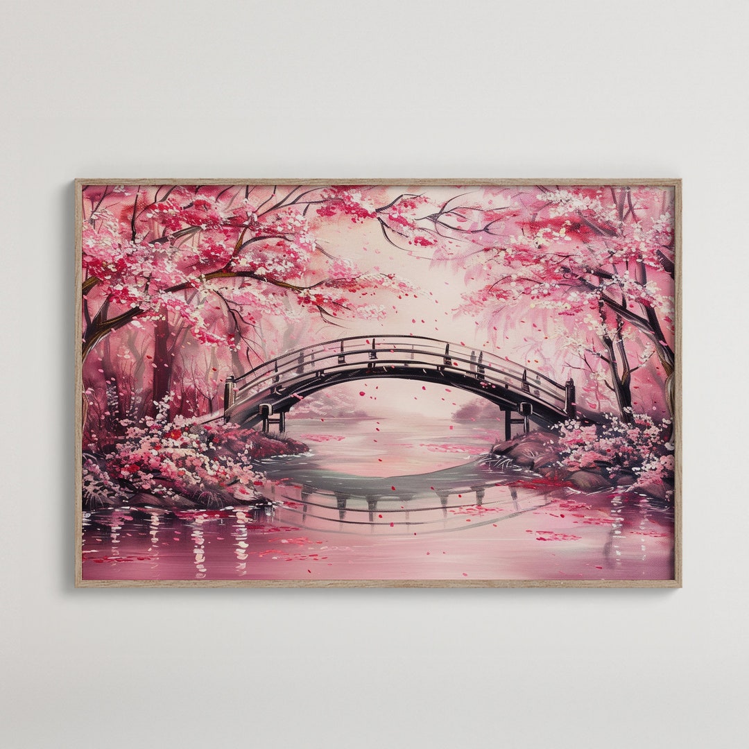 Cherry Blossom Bridge Art | Enchanted Pink Garden Landscape | Peaceful ...