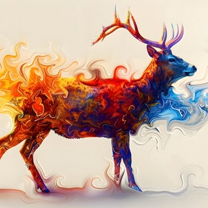 Fiery Flux Deer Digital Art Print | Vibrant Landscape With Liquid Fire ...