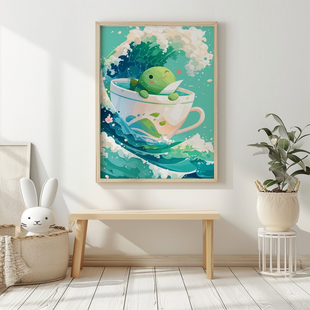 Turtle in a Teacup Whimsical Turtle Art Print Playful Sea Waves Cherry ...
