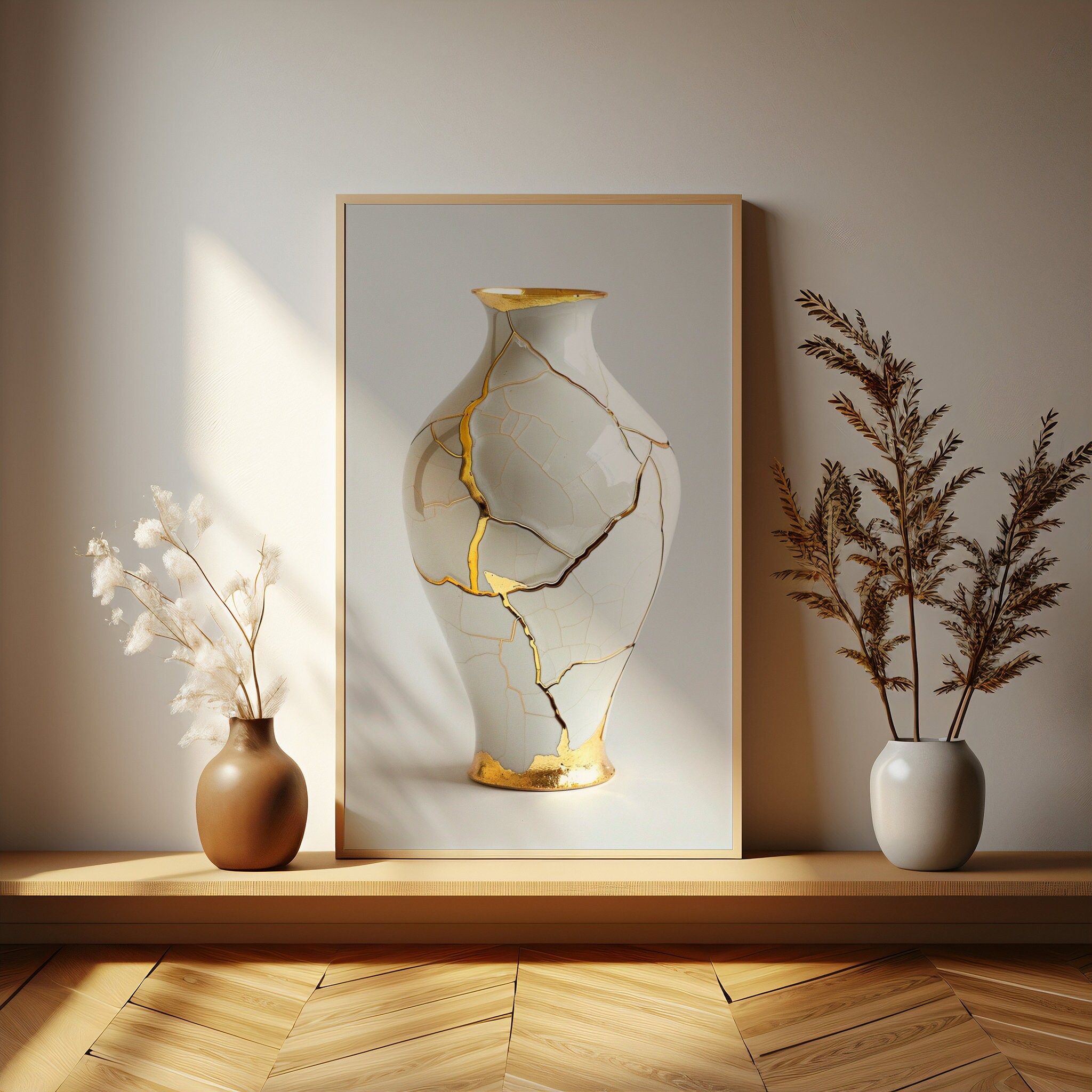 Kintsugi Vase Digital Art Print Japanese Gold Repair Technique White ...