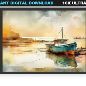 Nautical Watercolor Art | Boat at Sunset | Seaside Wall Decor | Coastal ...
