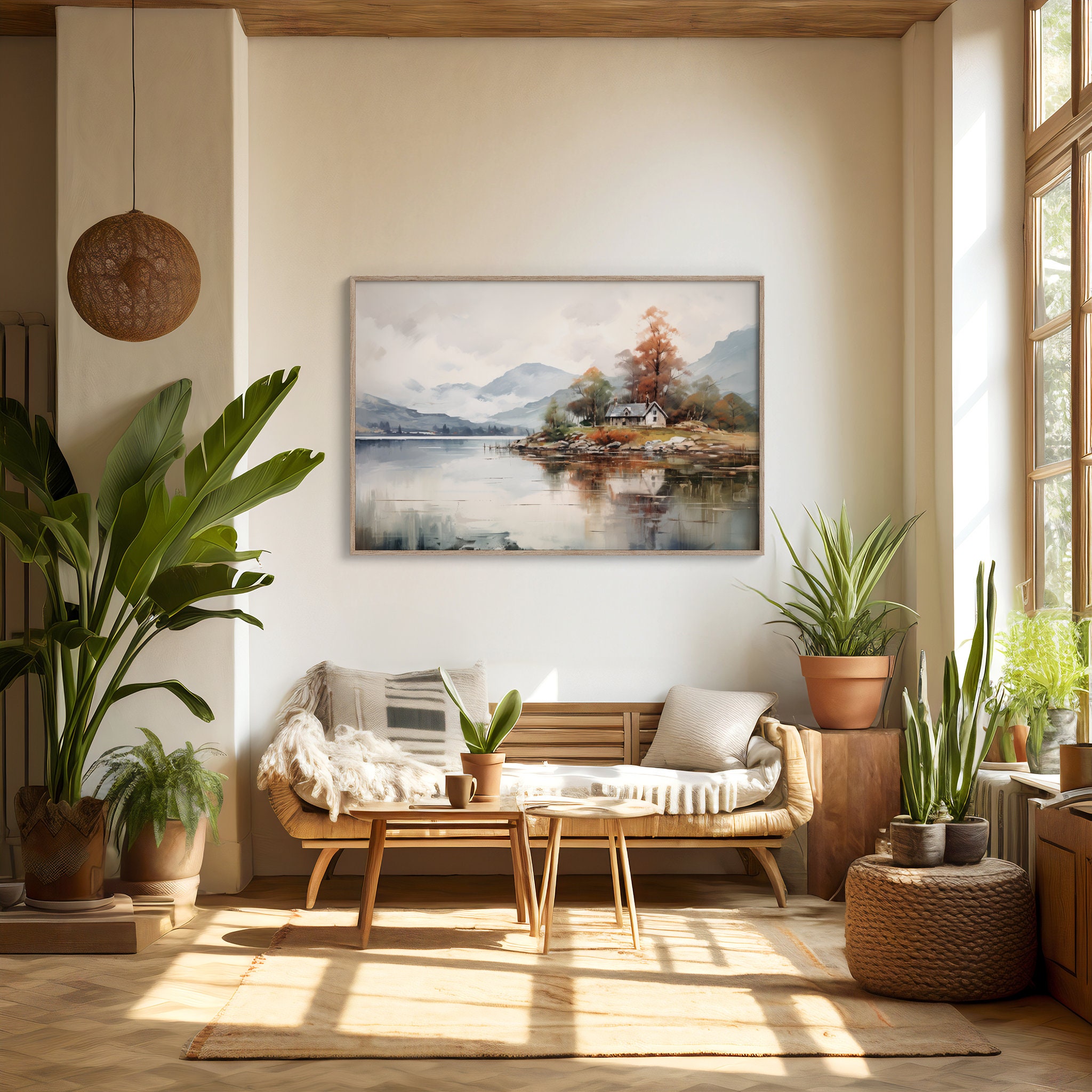 Rustic Fall Landscape Art | Antique Classic Cottage by Lake | Autumn ...
