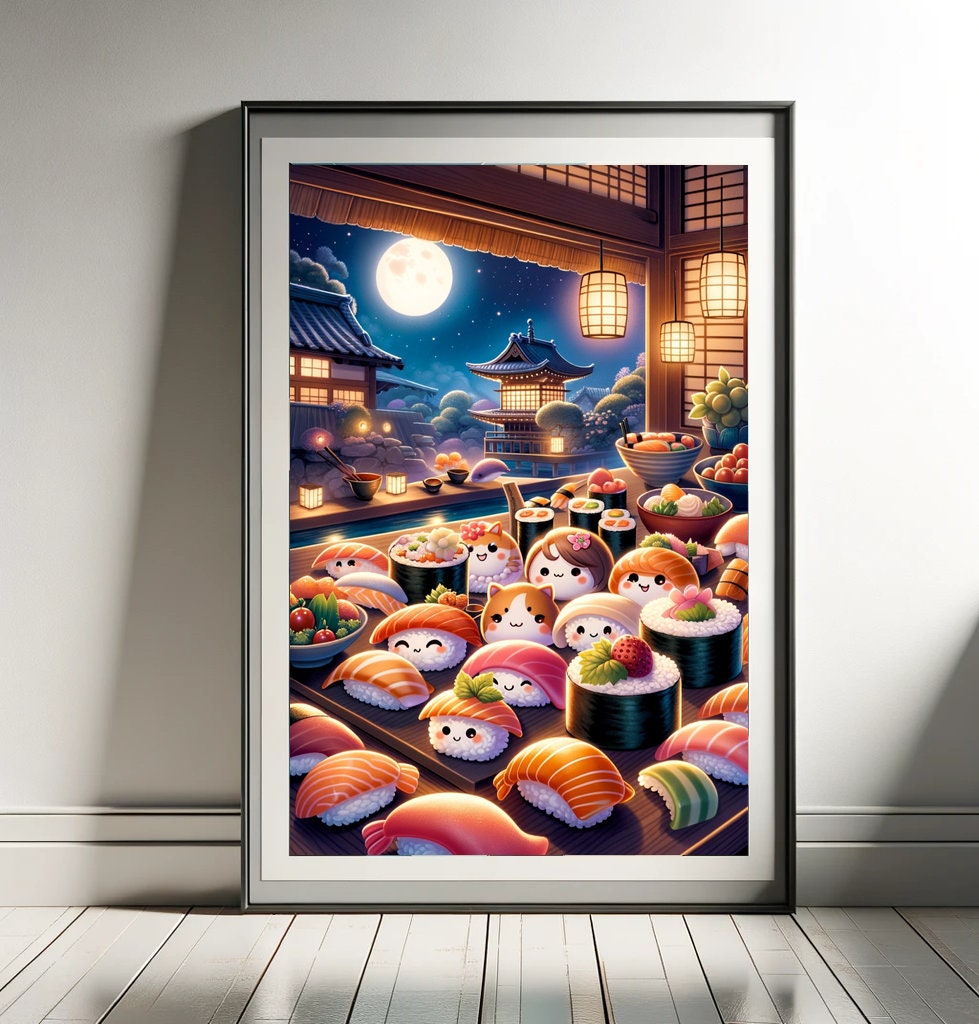 Kawaii Sushi Night Japanese Cute Sushi Wallpaper Moonlit Japan Digital ...