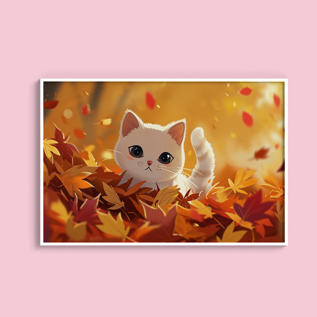 Autumn Bliss Kawaii Cat | Fall Leaves Cute Animal Digital Art | Cozy ...