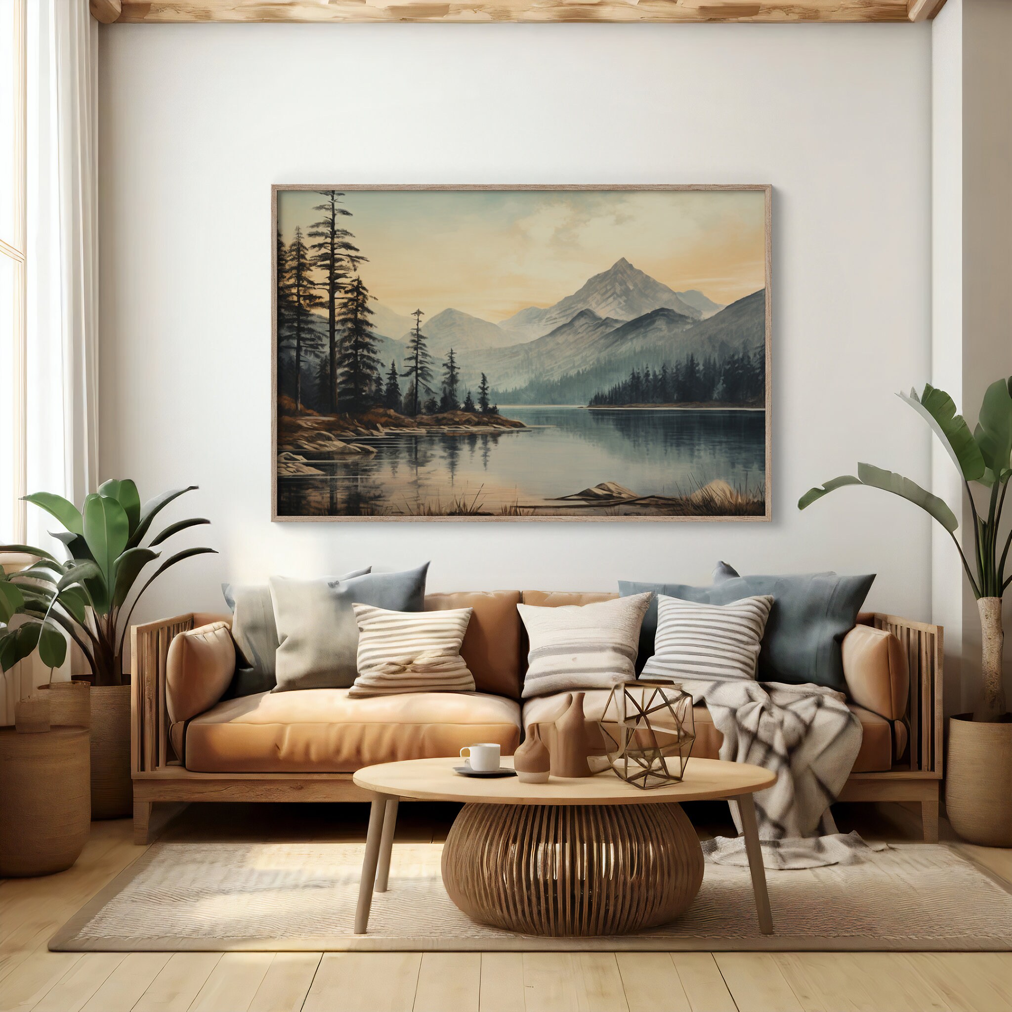 Rustic Autumn Lake Scene Art | Vintage Mountain Landscape Print ...