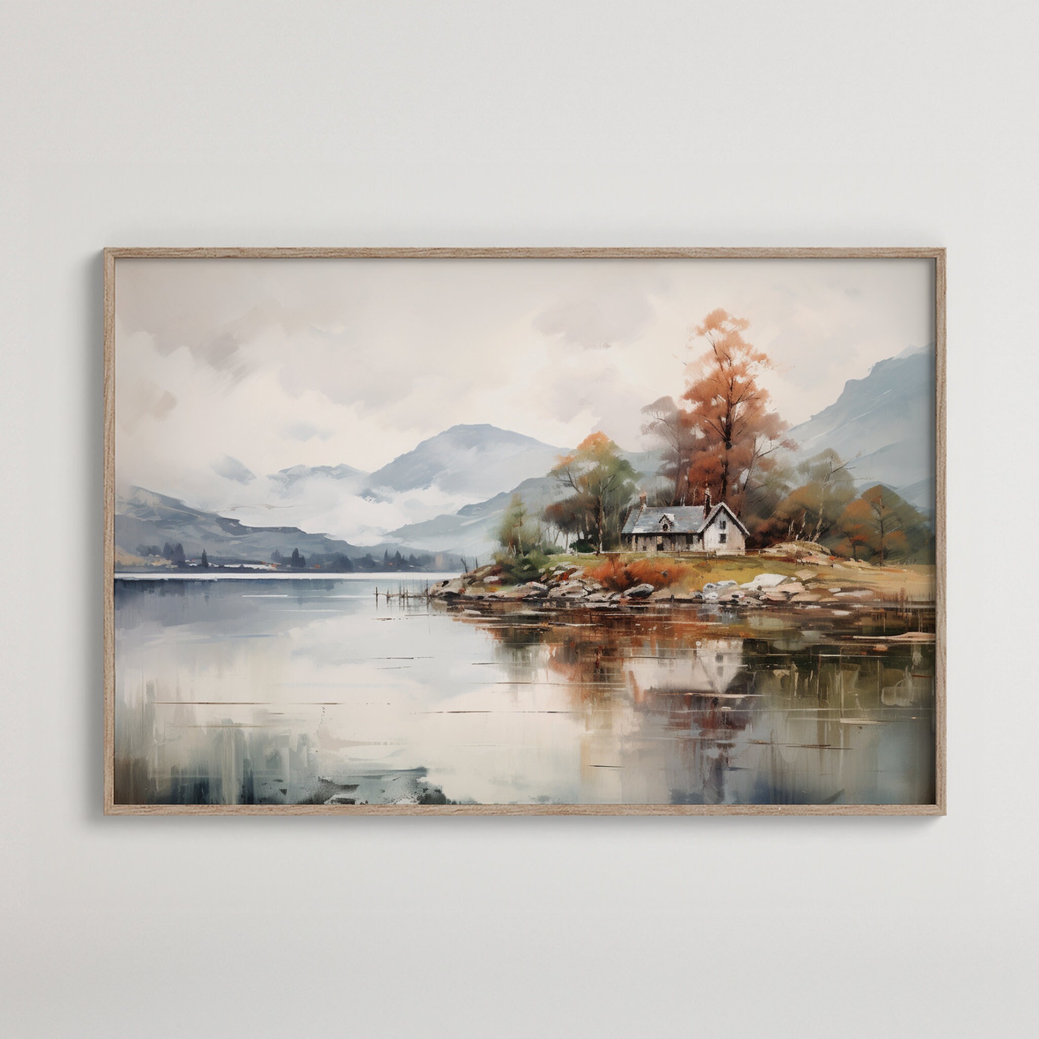 Rustic Fall Landscape Art | Antique Classic Cottage by Lake | Autumn ...
