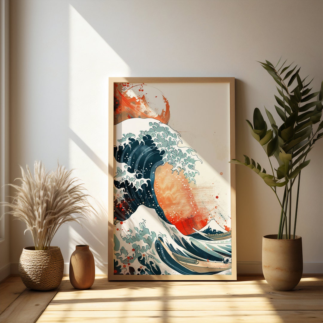 Modern Great Wave Wall Art | Vibrant Red Hokusai Wave | Stylized ...