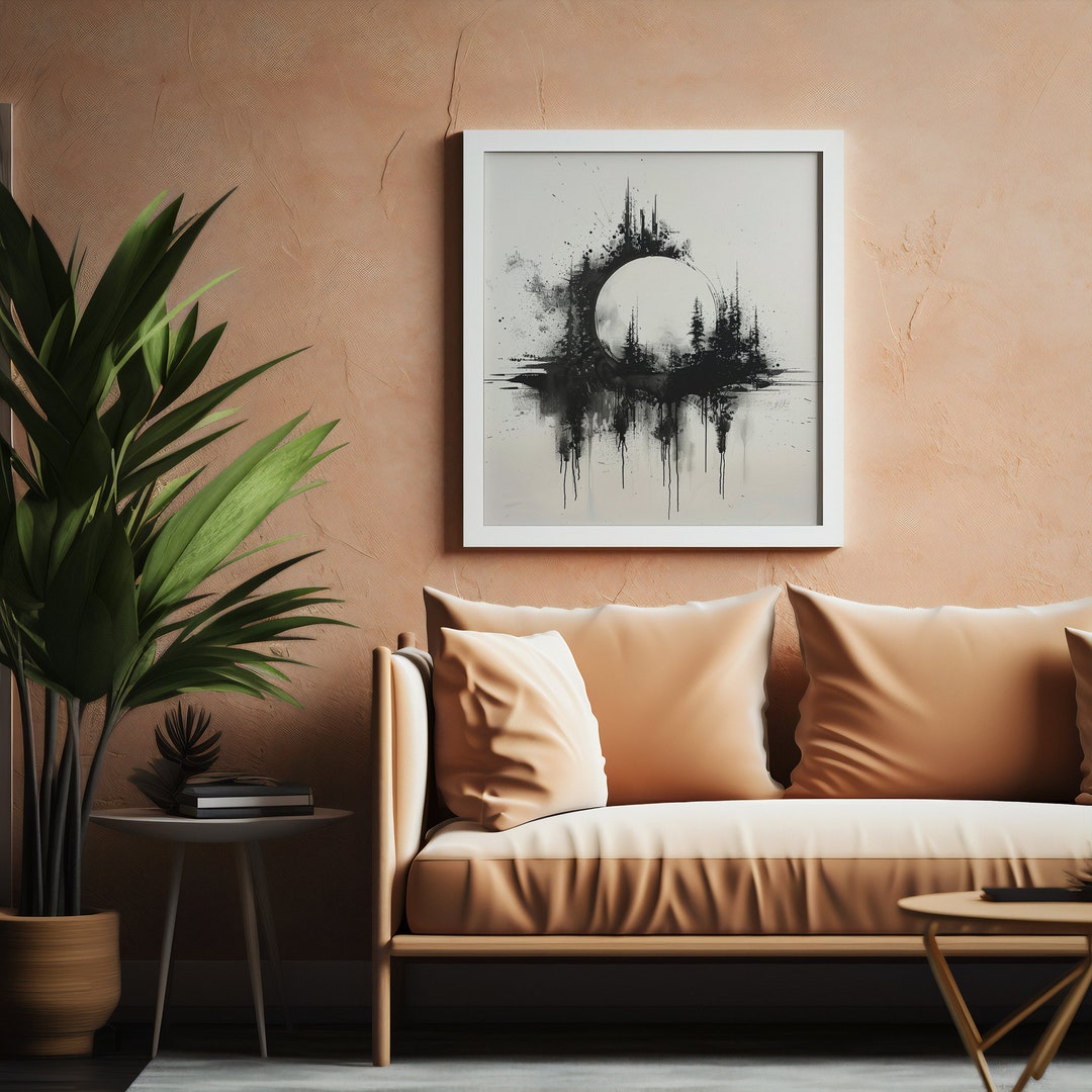 Monotone Abstract Art Print | Mysterious Landscape With Moon | Black ...