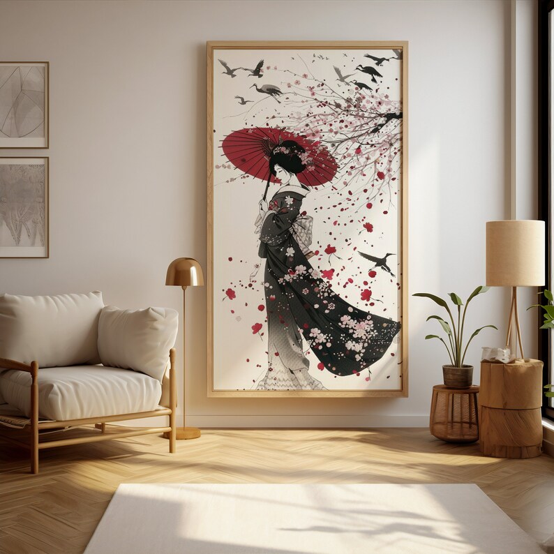 Japanese Geisha Art Print | Cherry Blossom Umbrella | Crane Bird ...