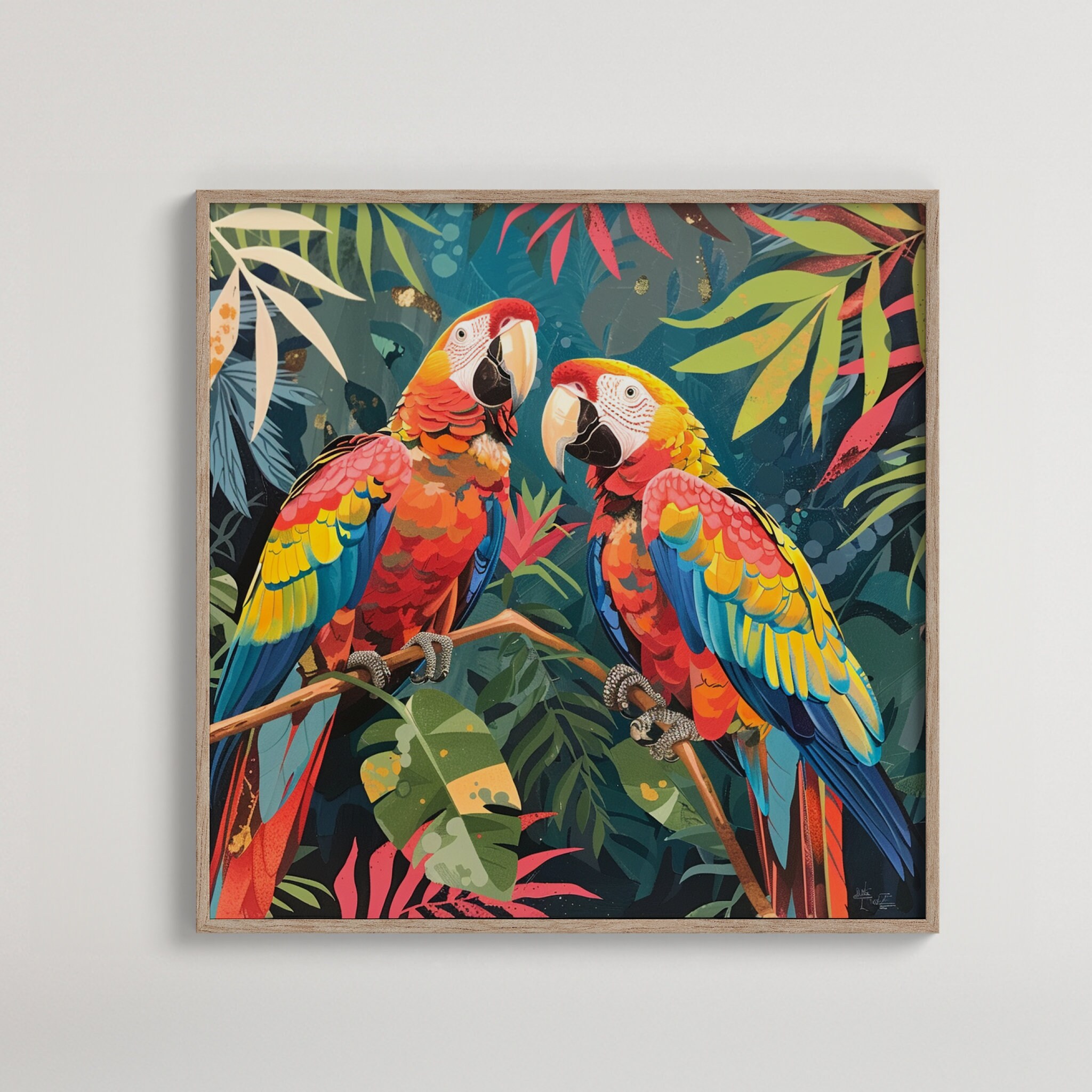 Tropical Parrots Digital Art Print Vibrant Macaws on Branch Lush Jungle ...