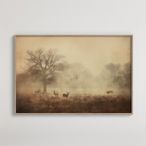 Rustic Fall Deer Art | Misty Autumn Forest Scenery | Vintage Style ...