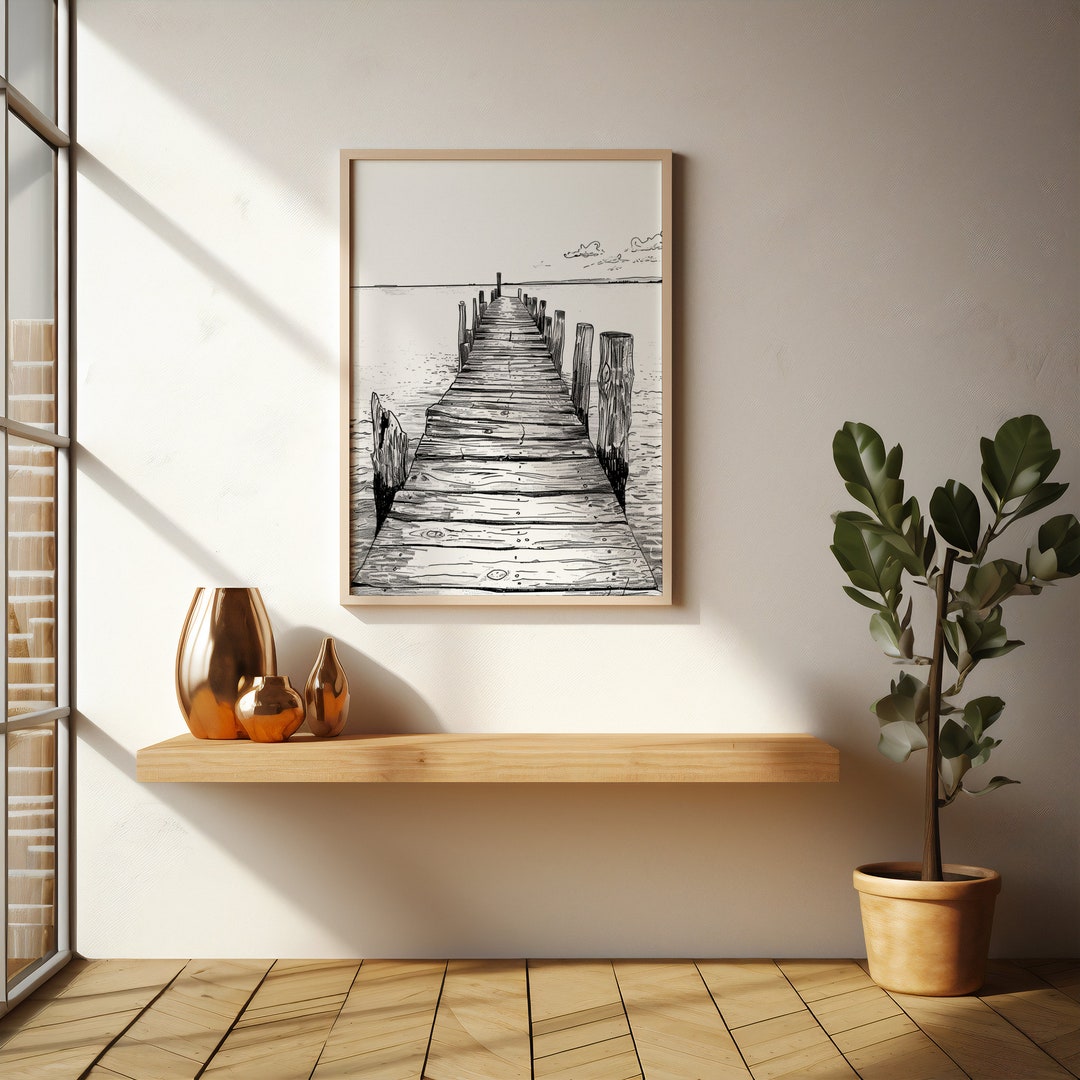 Serene Dock Sketch Art | Calm Waters Wooden Pier Drawing | Monochrome ...