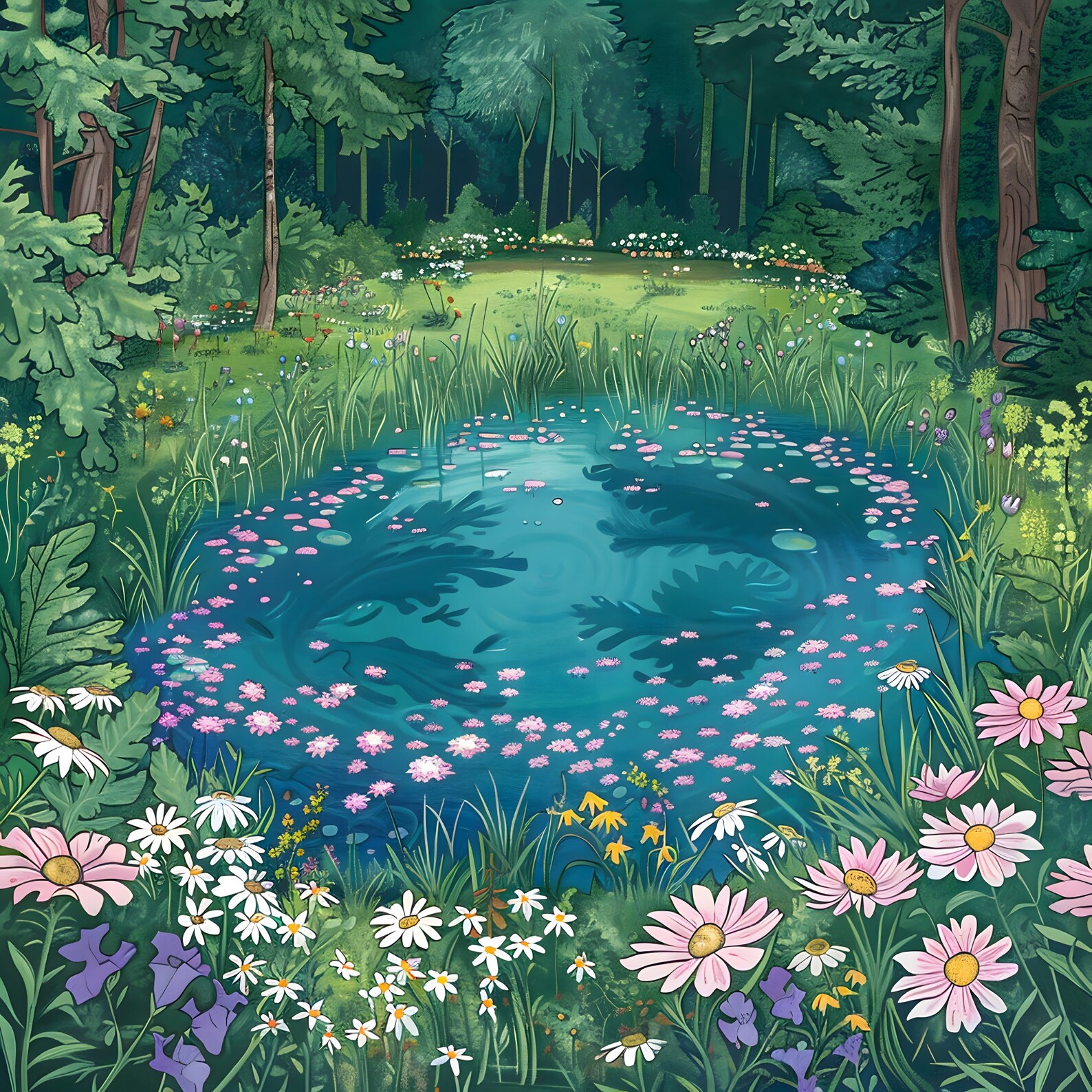 Enchanted Forest Pond Print Magical Spring Flowers and Clear Waters ...