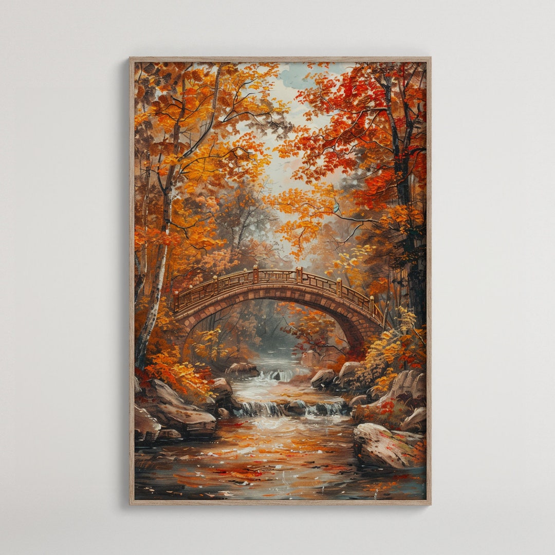 Autumn Bridge Landscape Art | Serene Fall Foliage Stream Scene ...