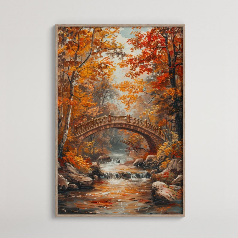 Autumn Bridge Landscape Art | Serene Fall Foliage Stream Scene ...