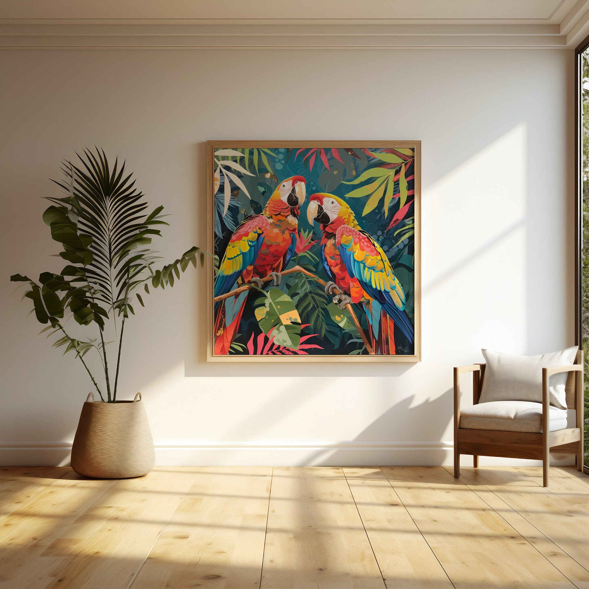 Tropical Parrots Digital Art Print | Vibrant Macaws on Branch | Lush ...