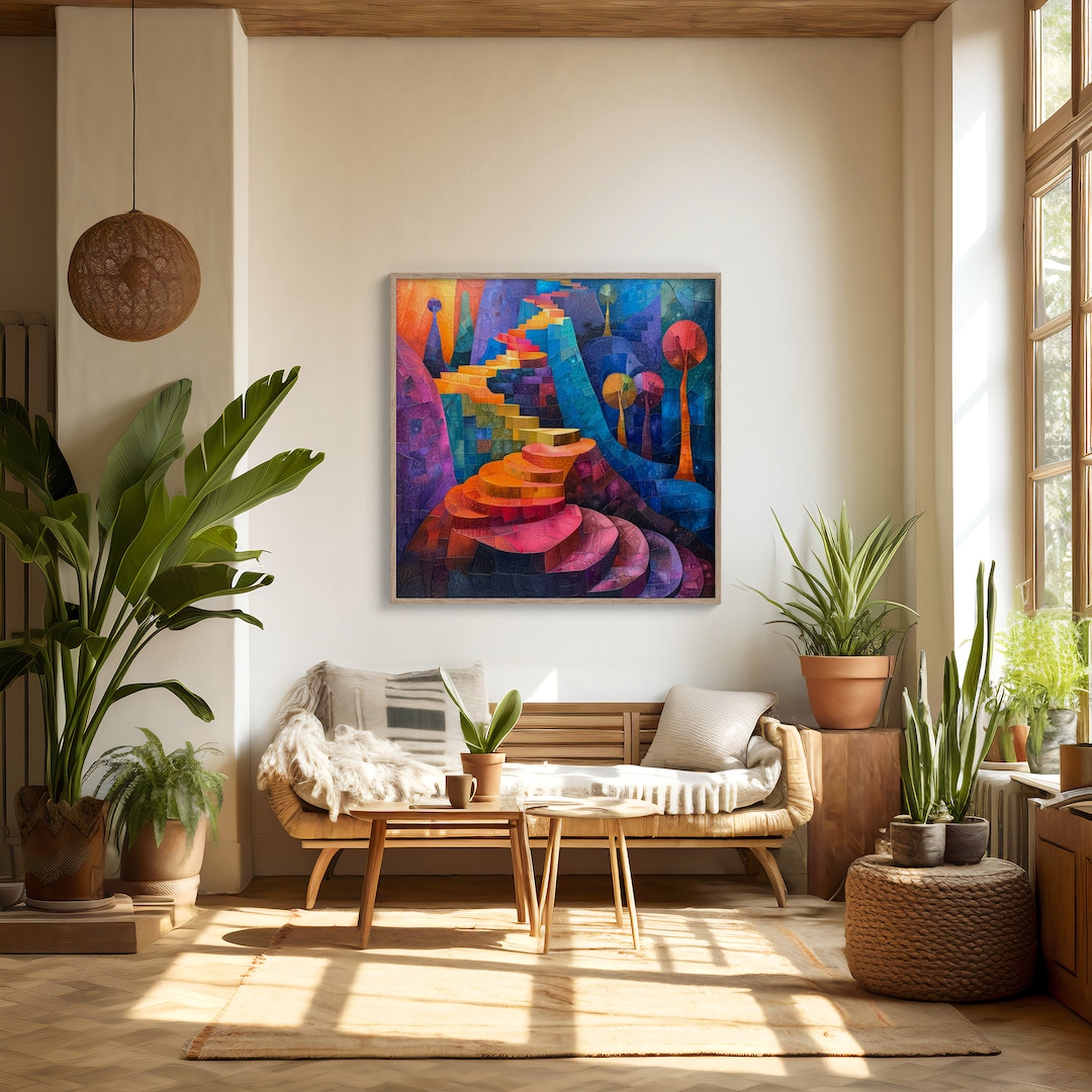 Abstract Staircase Art Print | Vibrant Mosaic Digital Art | Illusory ...