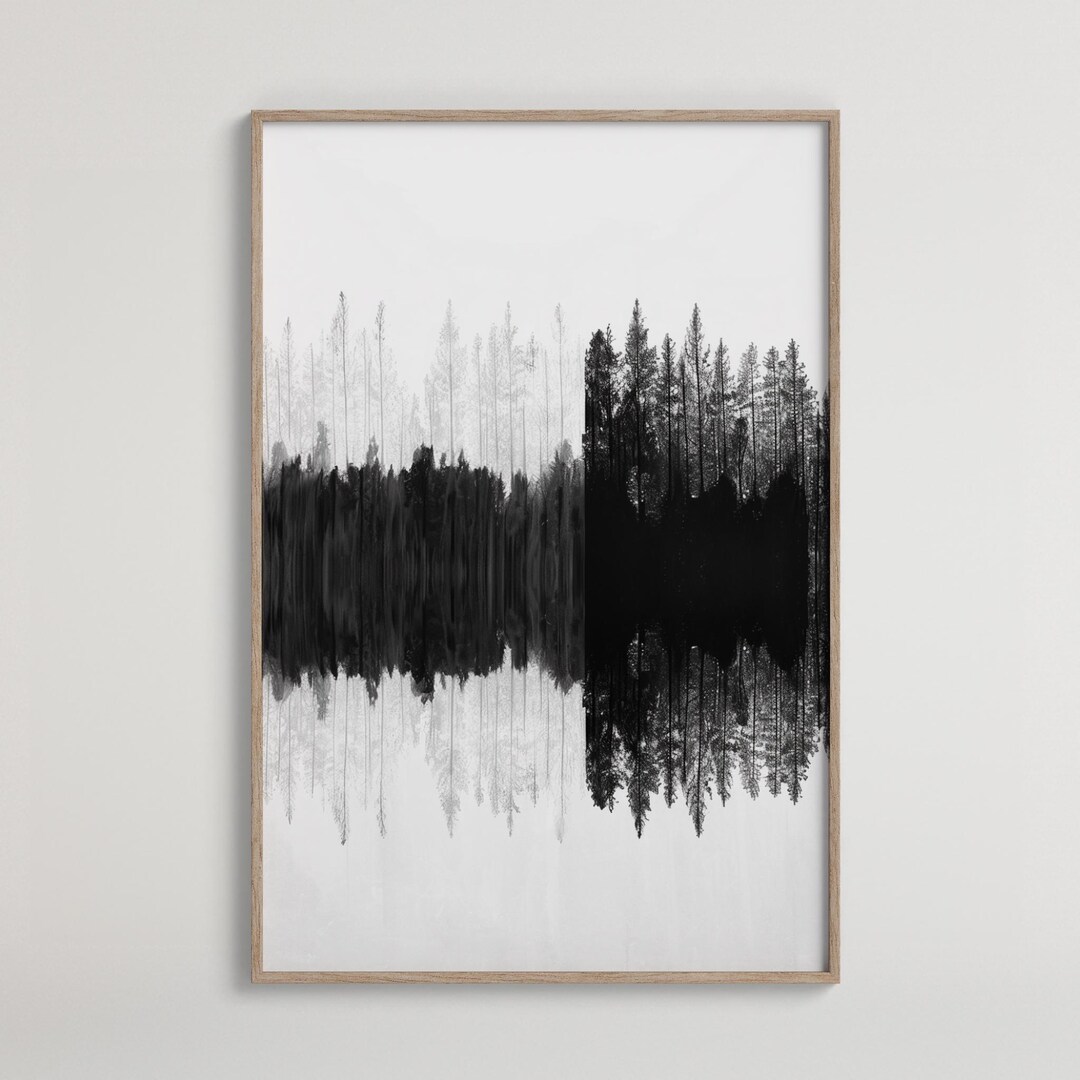 Monochromatic Landscape Reflection Digital Art Serene Tree Silhouette ...